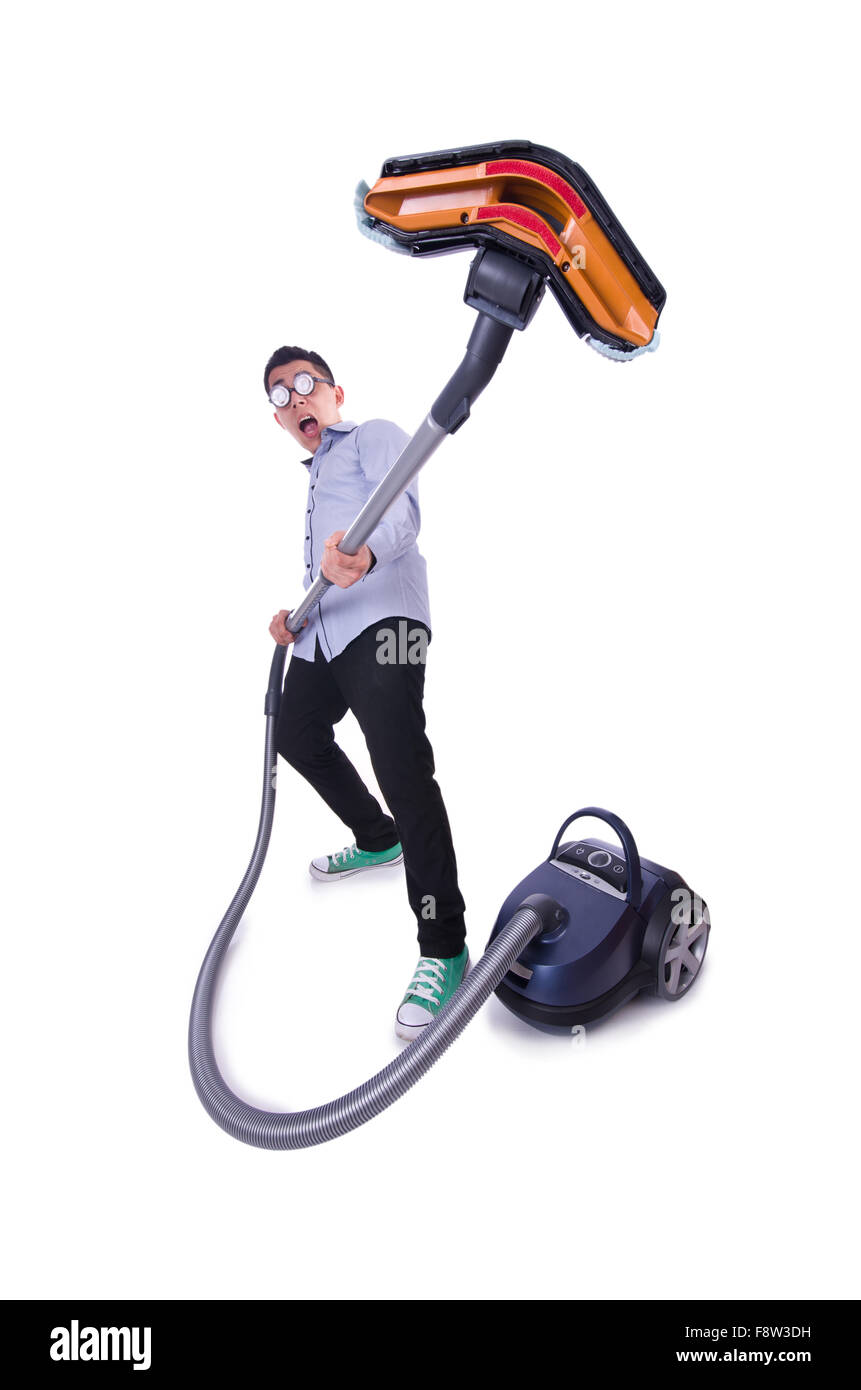 Funny man with vacuum cleaner on white Stock Photo - Alamy