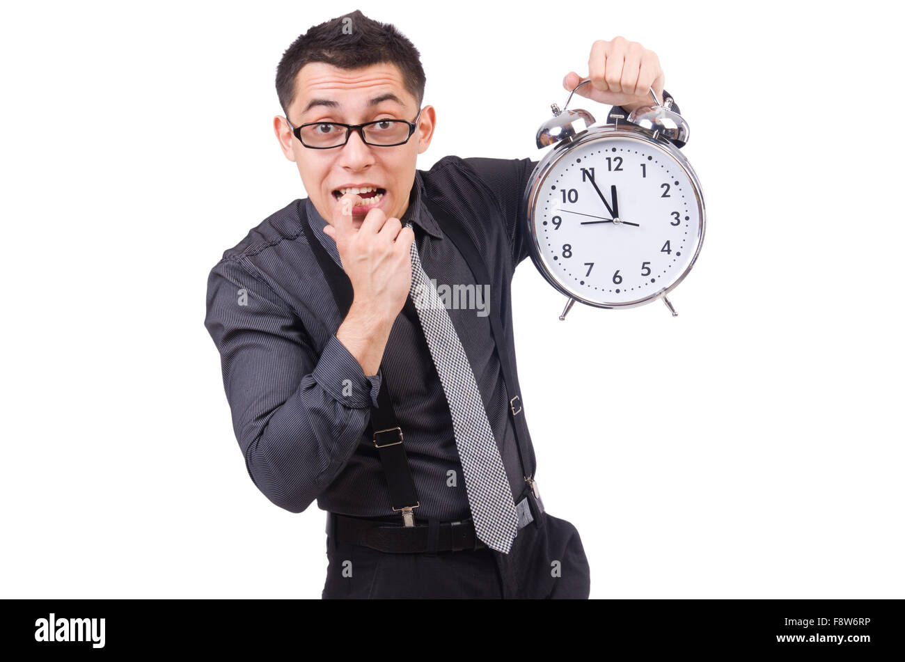 Funny businessman with clock isolated on white Stock Photo - Alamy