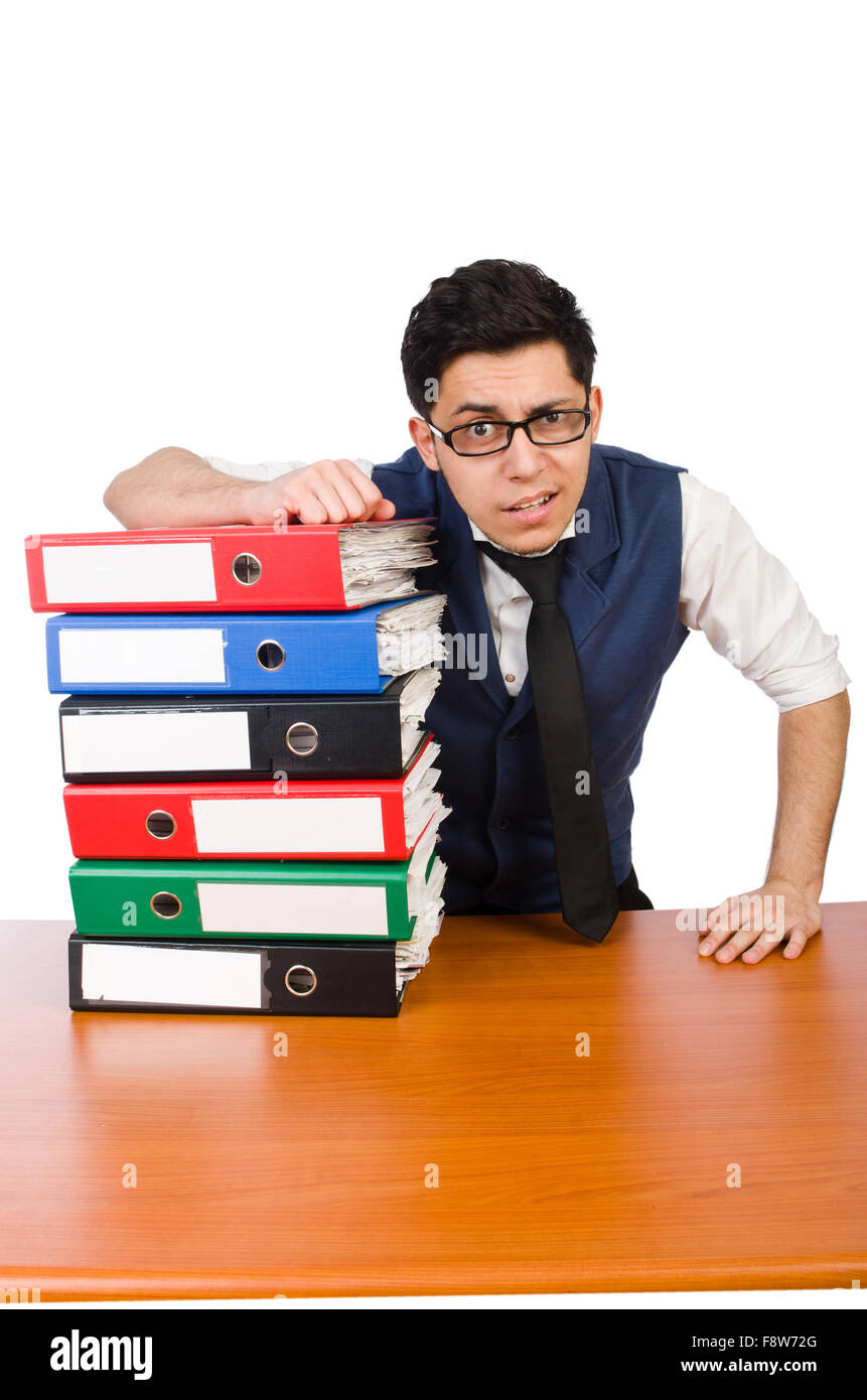 Funny man with lots of folders on white Stock Photo - Alamy