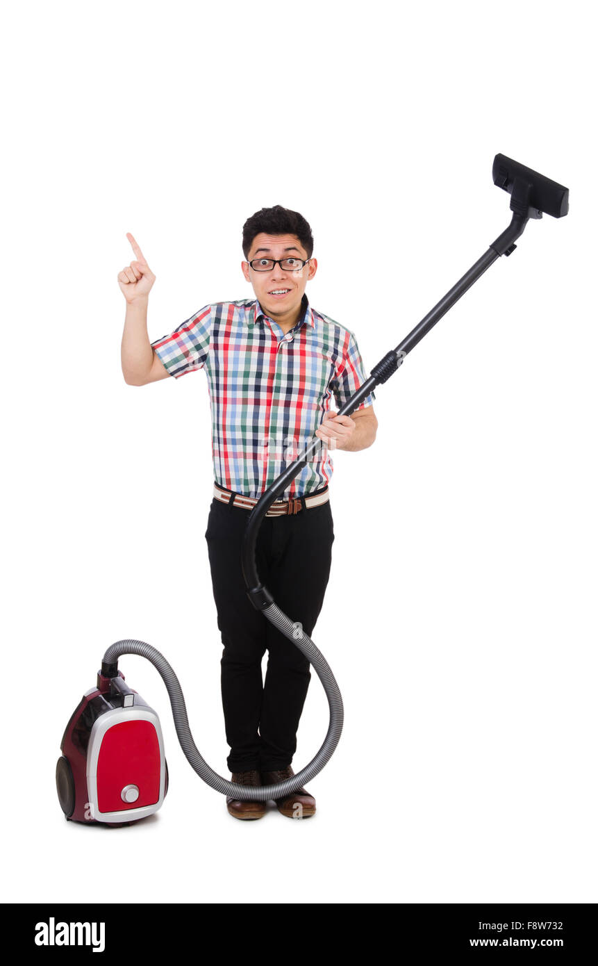 Funny man with vacuum cleaner on white Stock Photo - Alamy