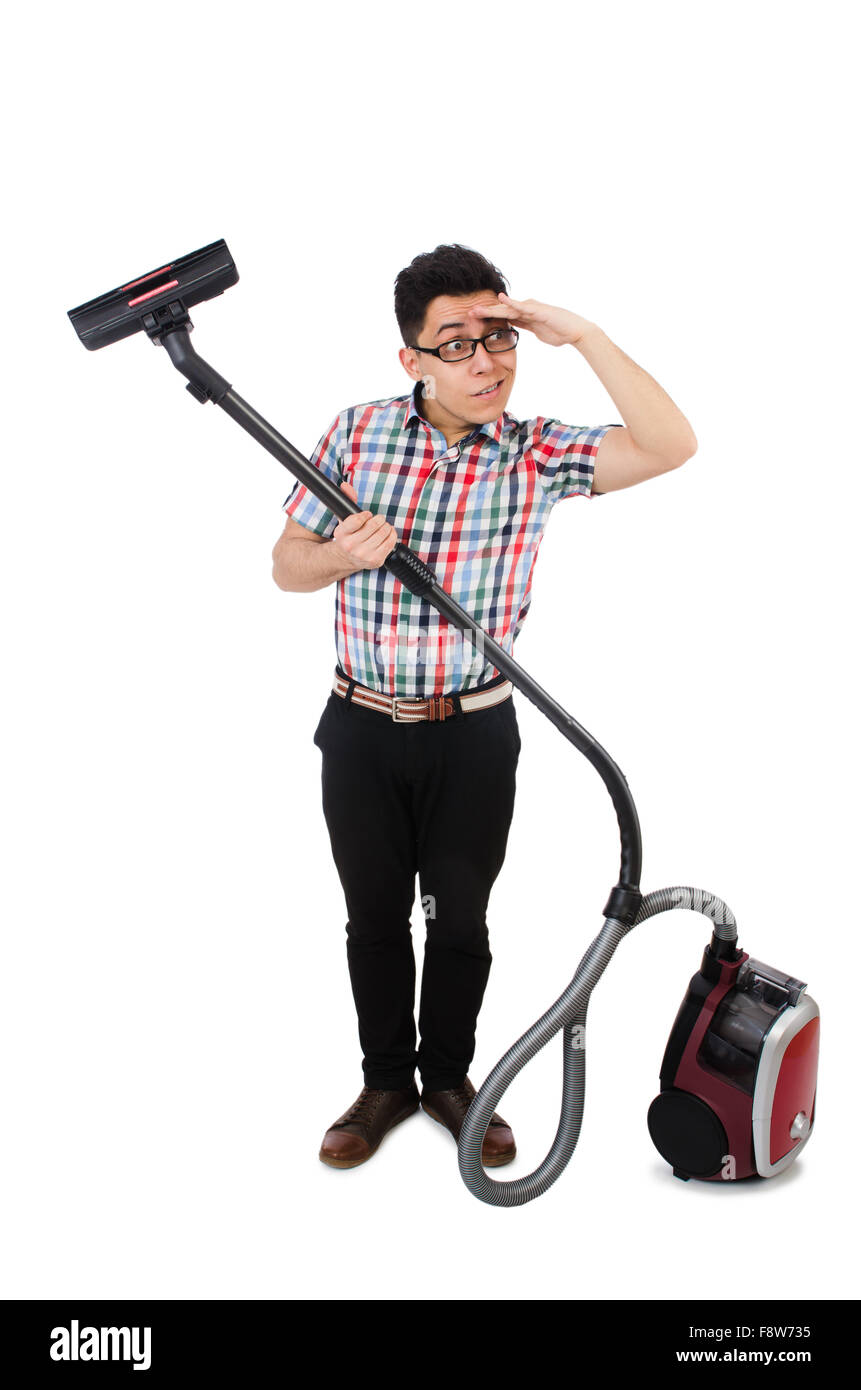 Funny man with vacuum cleaner on white Stock Photo - Alamy