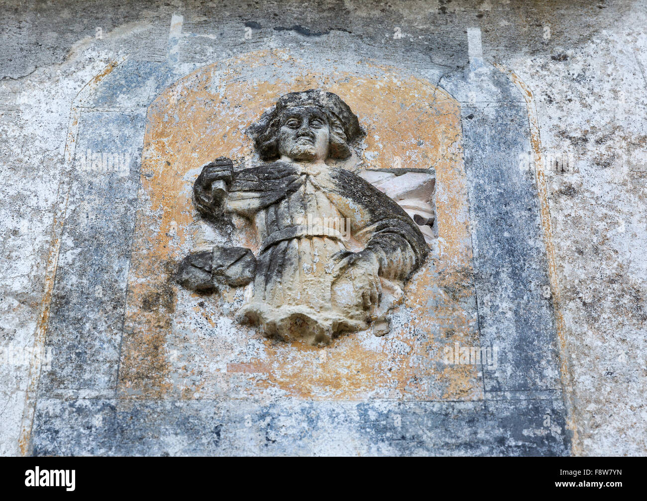 Ancient bas relief on the outdoor wall of the Church of the Assumption ...