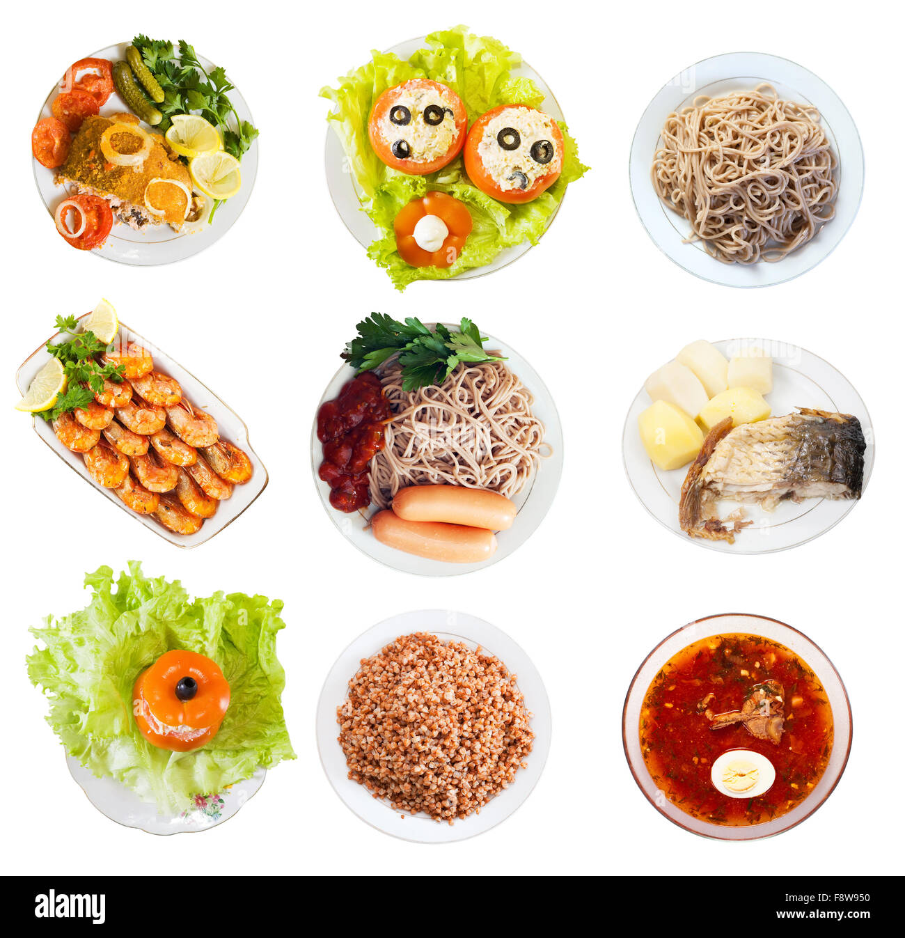 Set of Top view of group plates with food over white background Stock ...