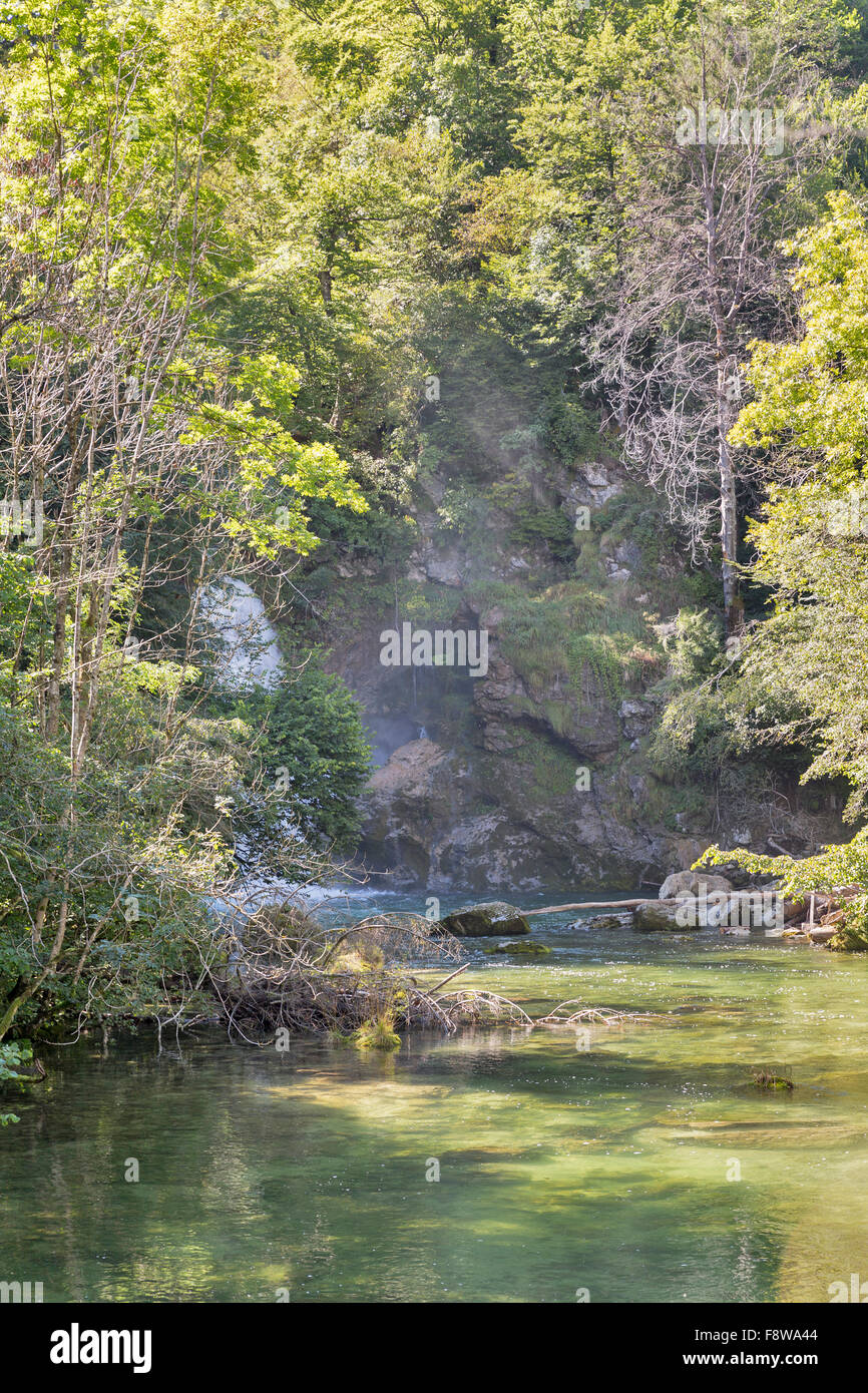 Vintgar gorge, waterfall and rough river Radovna flowing through it ...