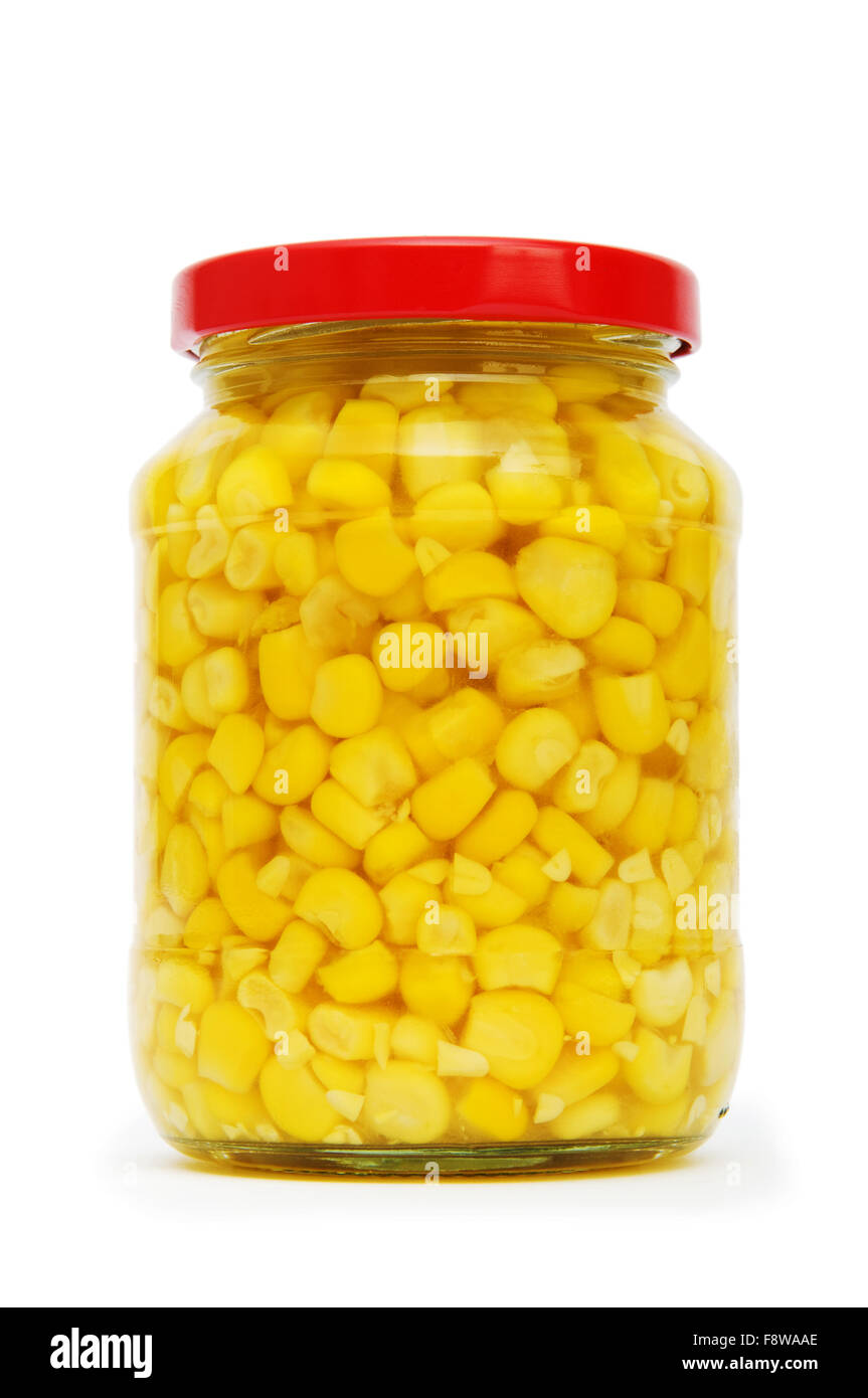 Sweet corn in glass jar isolated on white Stock Photo - Alamy