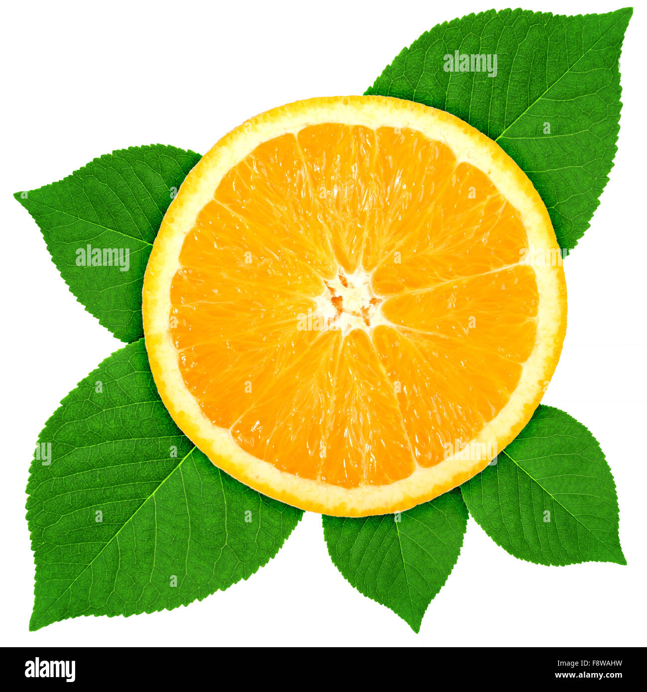 Single cross section of orange with green leaf Stock Photo - Alamy