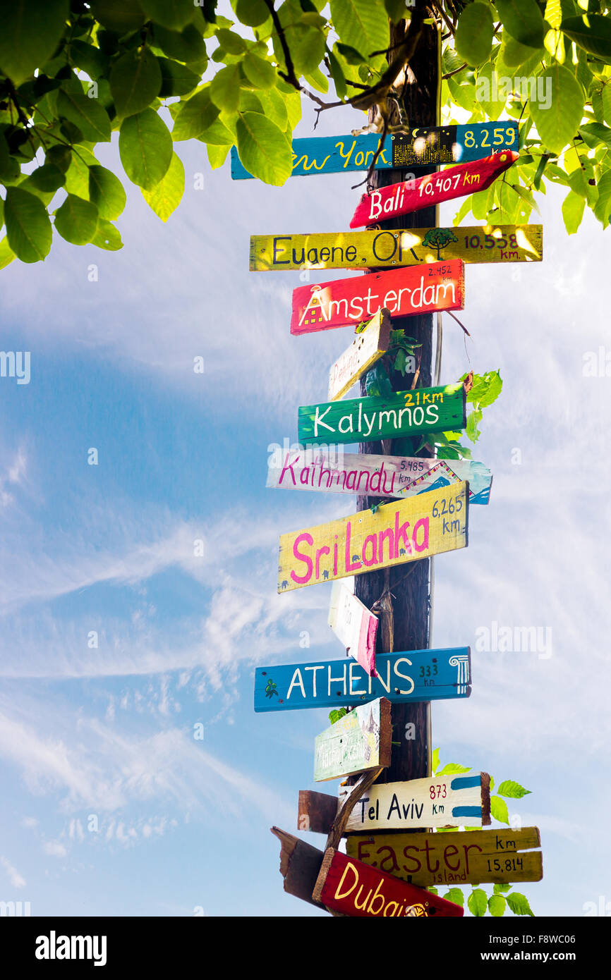 Funny directions signpost with distance to many different countries ...