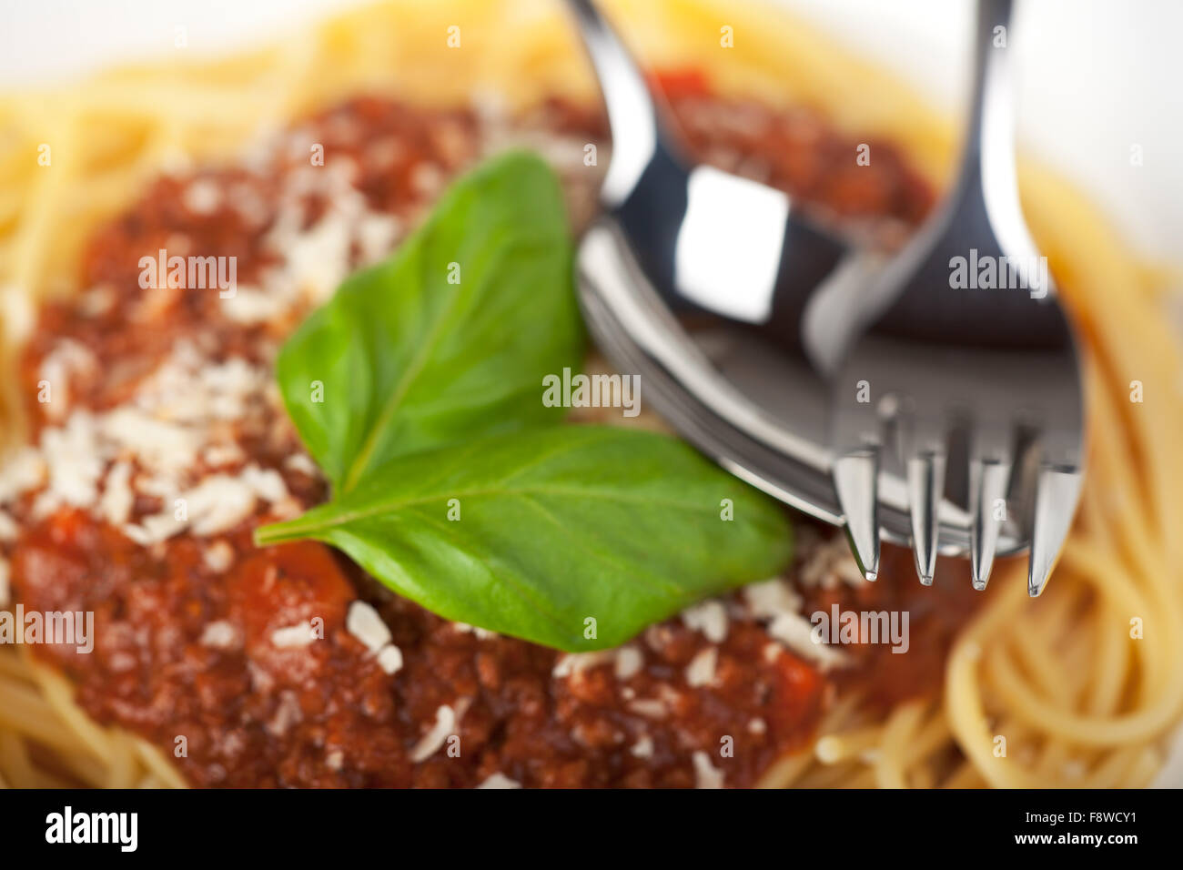 Teller mit Spaghetti Bolognese und Basilikumblatt Stock Photo - Alamy
