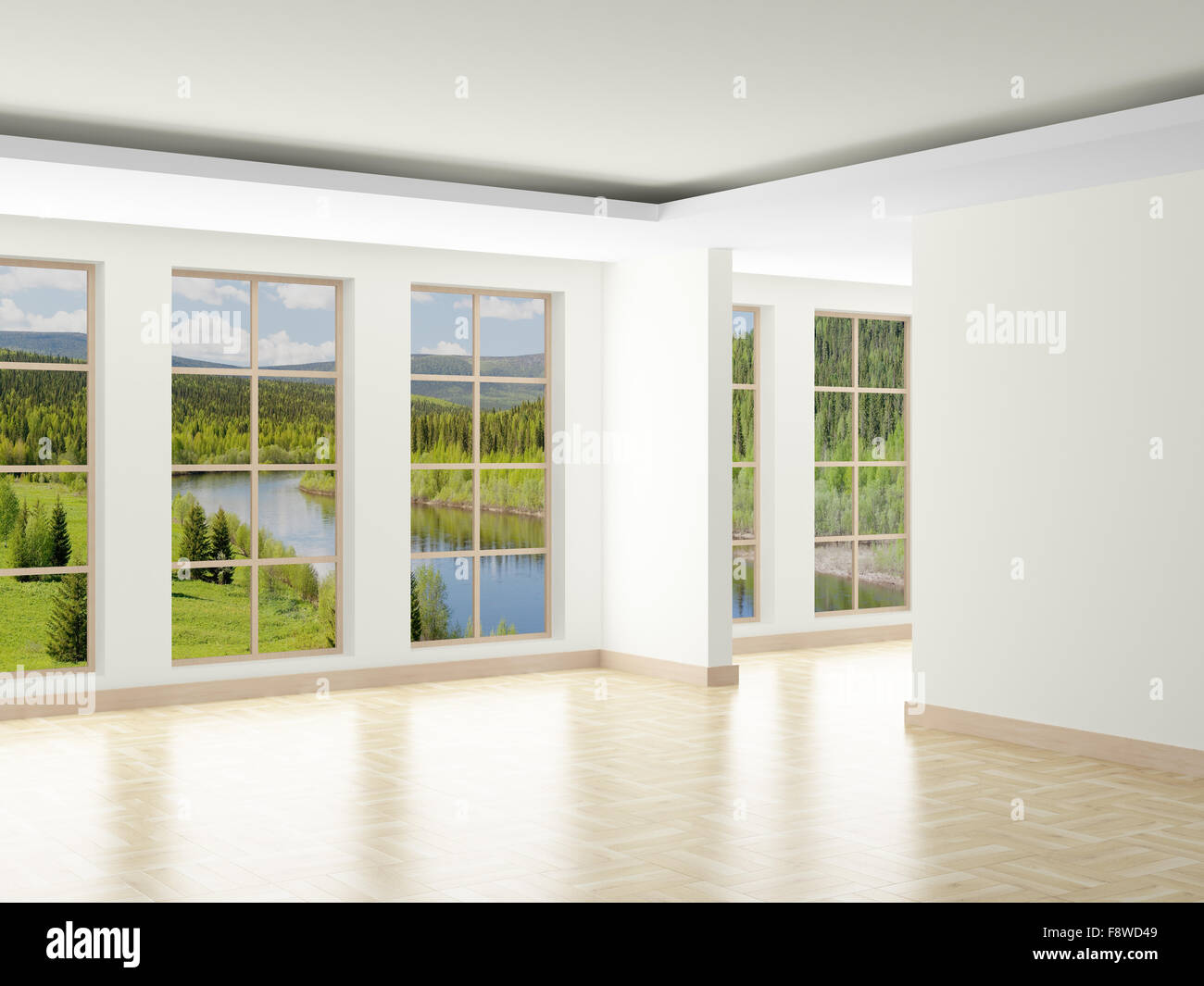 Empty room. Landscape behind window. 3D image Stock Photo - Alamy