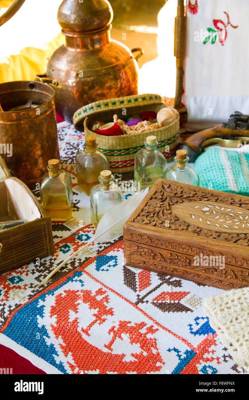 Military camp, tents and household goods during the re-enactment Stock ...
