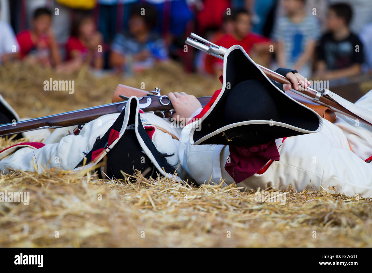 soldiers fallen in battle during the re-enactment of the War of Stock ...