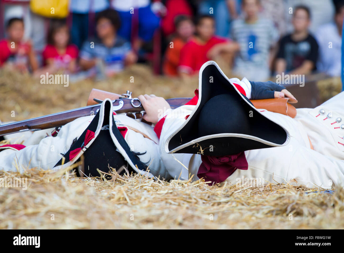 soldiers fallen in battle during the re-enactment of the War of Stock ...