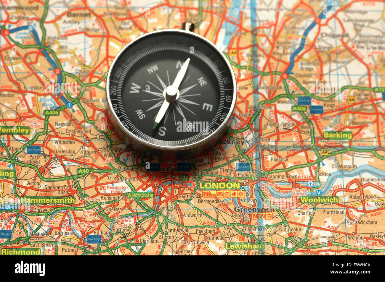 Compass over the map of UK - London suburbs Stock Photo - Alamy
