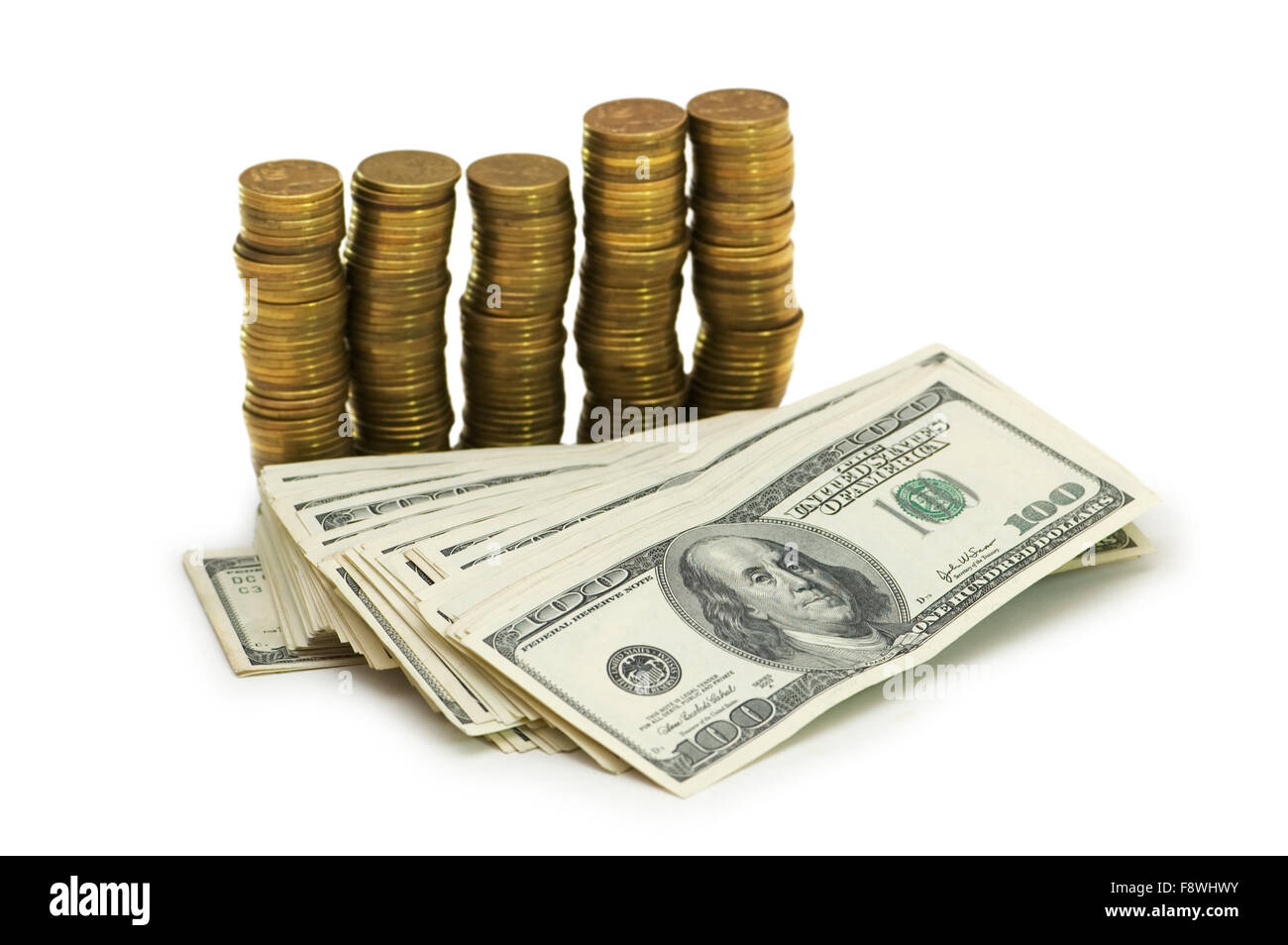 Dollars and coins isolated on the white background Stock Photo - Alamy