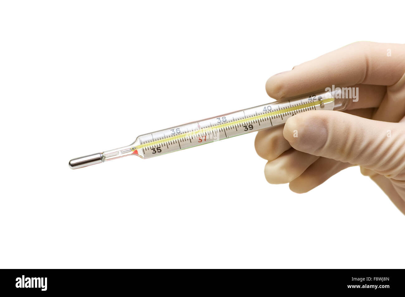 Hand holding thermometer isolated on white background Stock Photo - Alamy