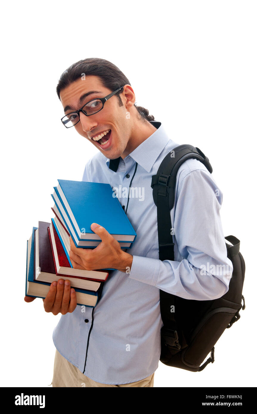 Student with stack of books on white Stock Photo - Alamy