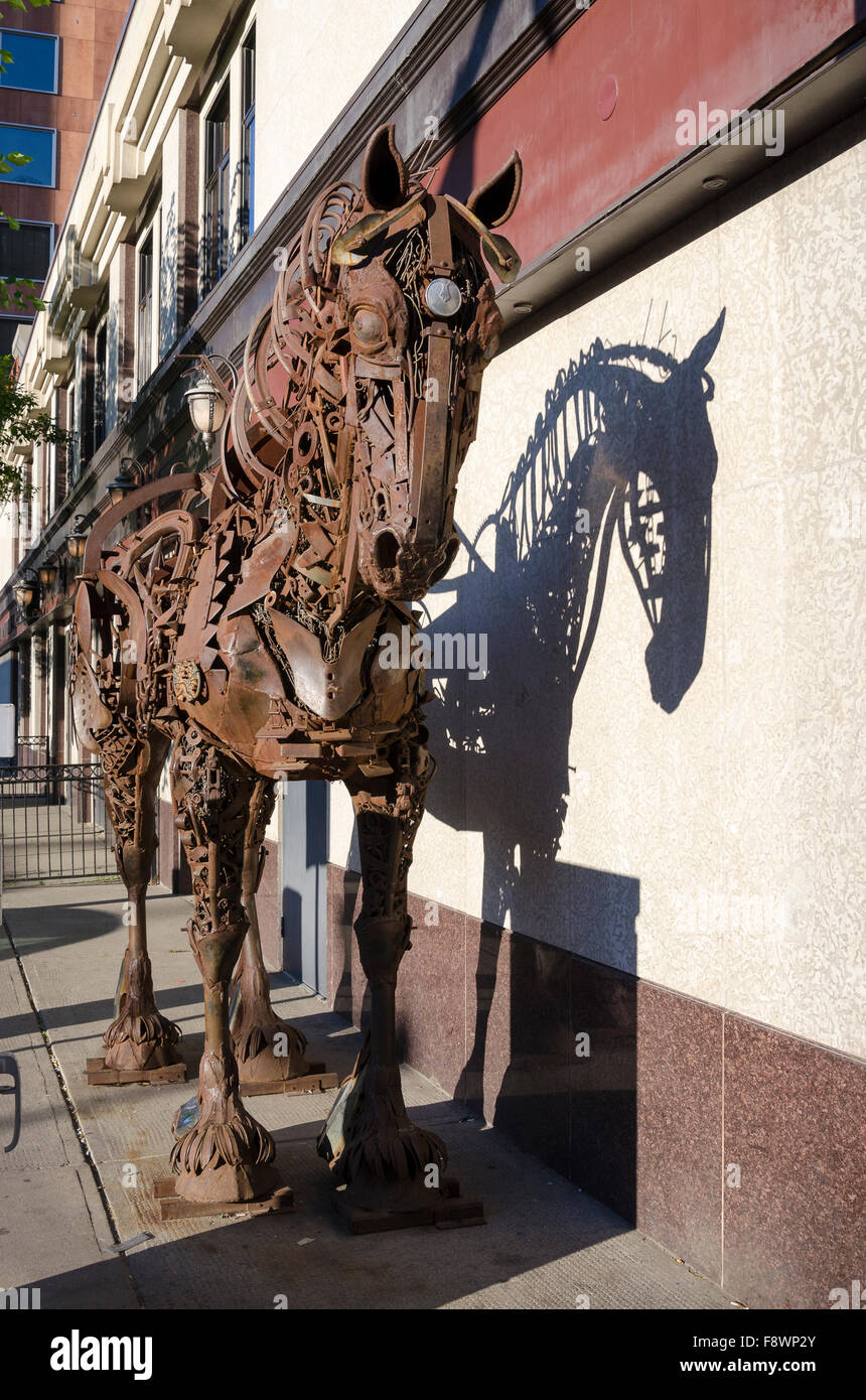 Rusty metal horse sculpture, corner Stephen Avenue, Calgary, Alberta ...