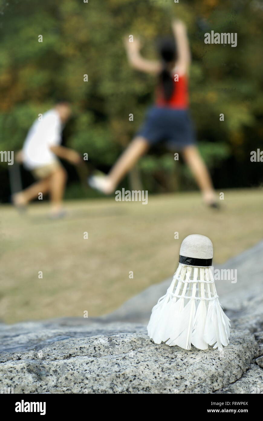 Children playing badminton together outdoors, jumping around Stock ...