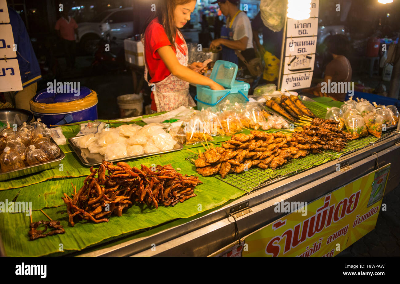 Food stand, food for sale at a night market, Na Thon, Koh Samui ...