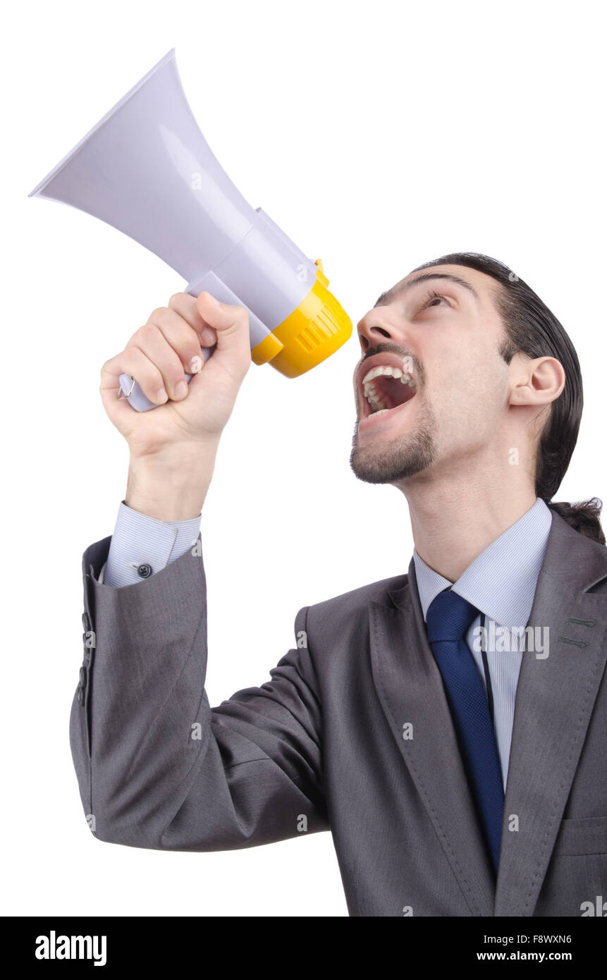 Man shouting and yelling with loudspeaker Stock Photo - Alamy