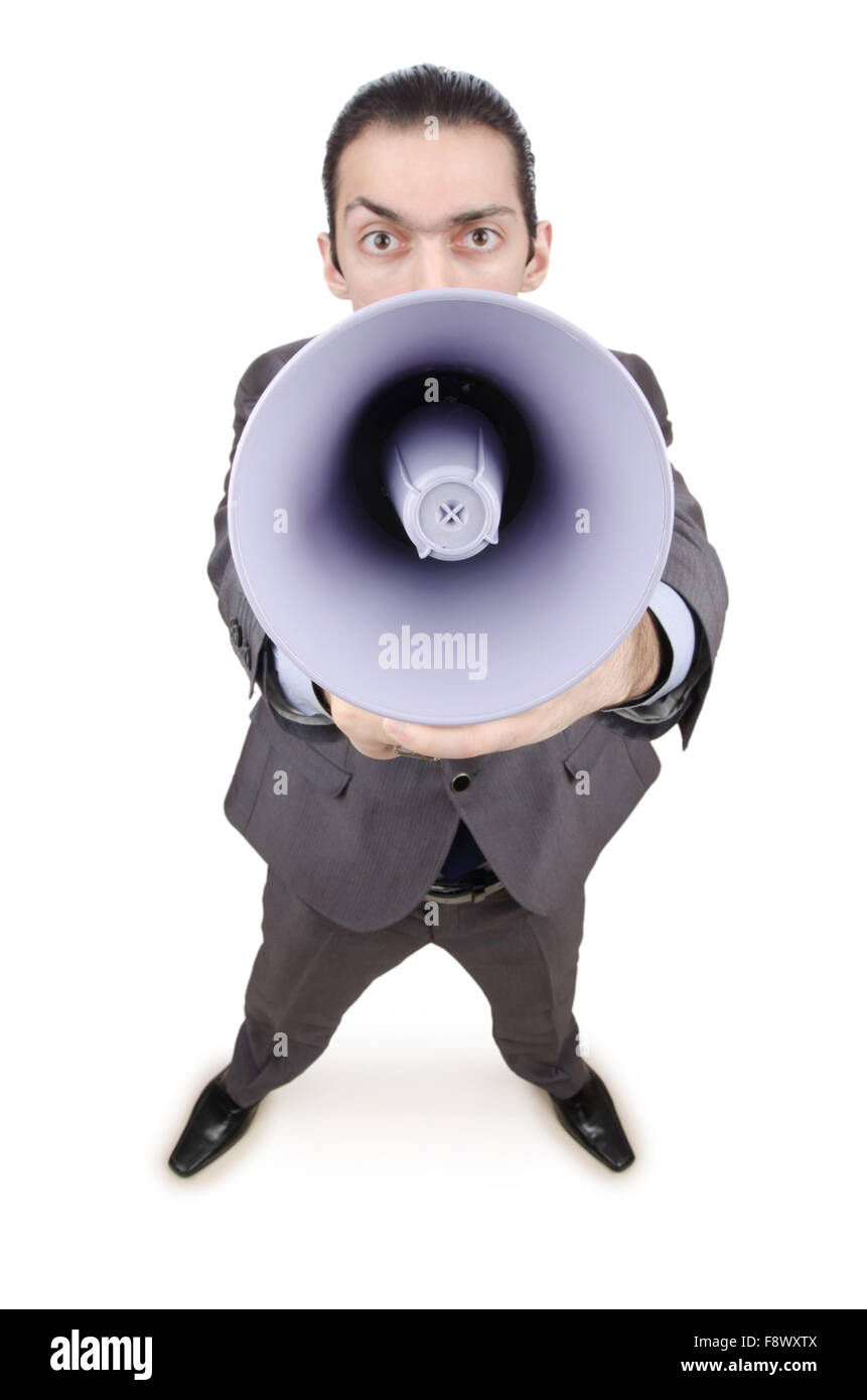 Man shouting and yelling with loudspeaker Stock Photo - Alamy