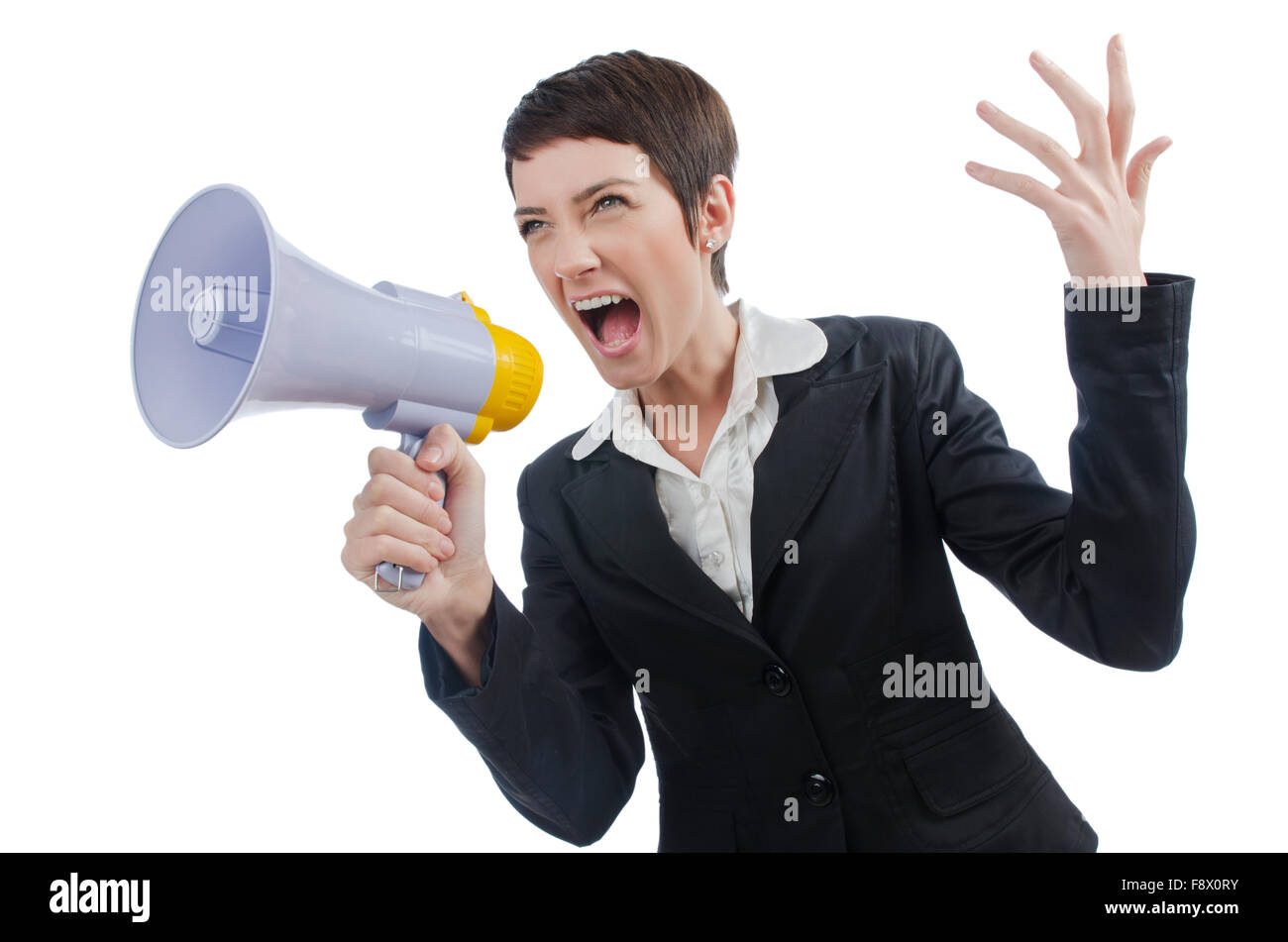 Lady speaking into megaphone Cut Out Stock Images & Pictures - Alamy