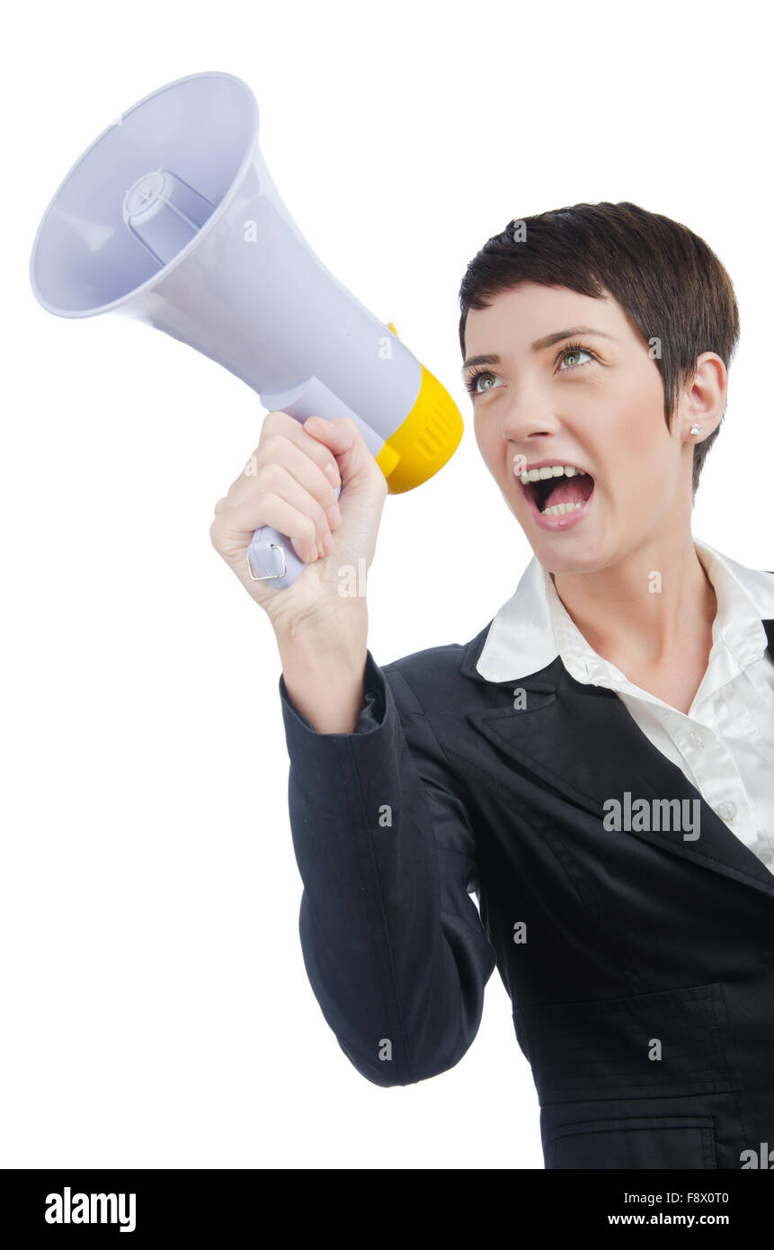 Young business lady screaming to loudspeaker Stock Photo - Alamy