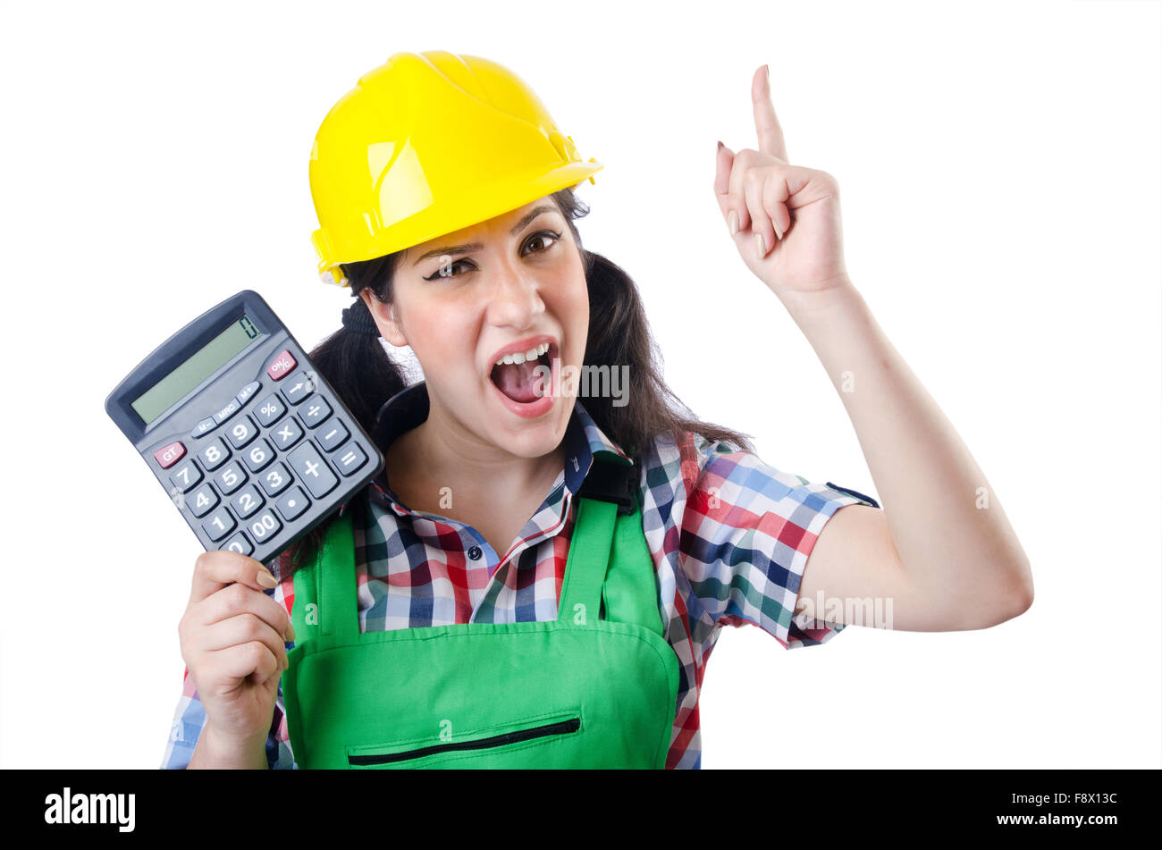 Woman builder with calculator on white Stock Photo - Alamy