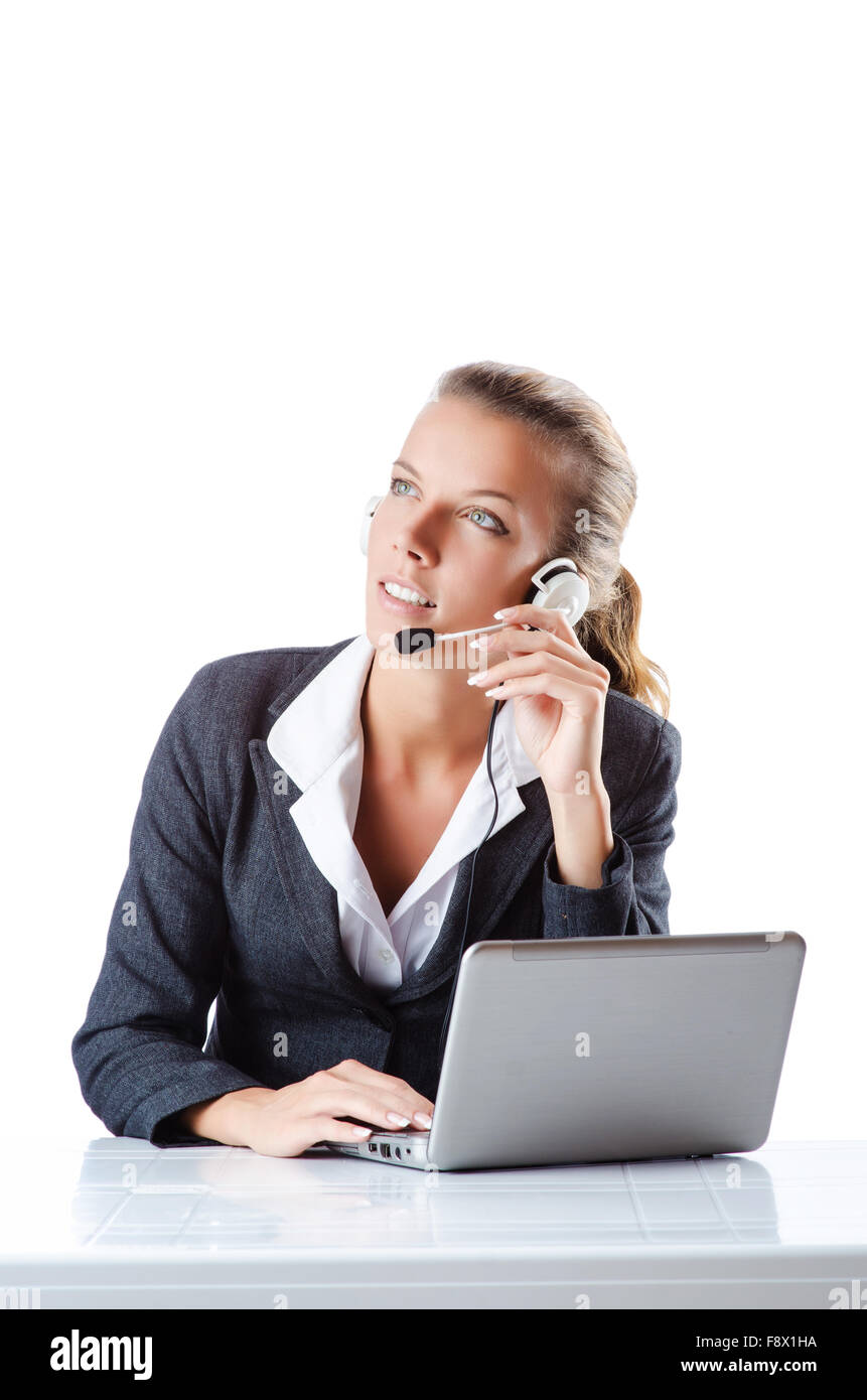 Female helpdesk operator on white Stock Photo - Alamy