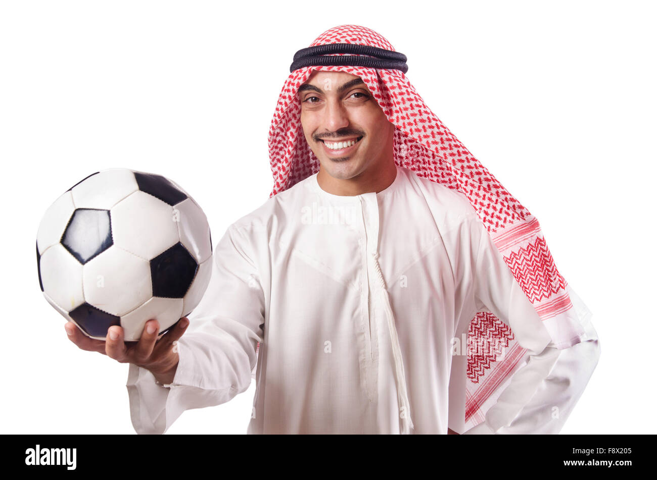 Arab man with football on white Stock Photo - Alamy