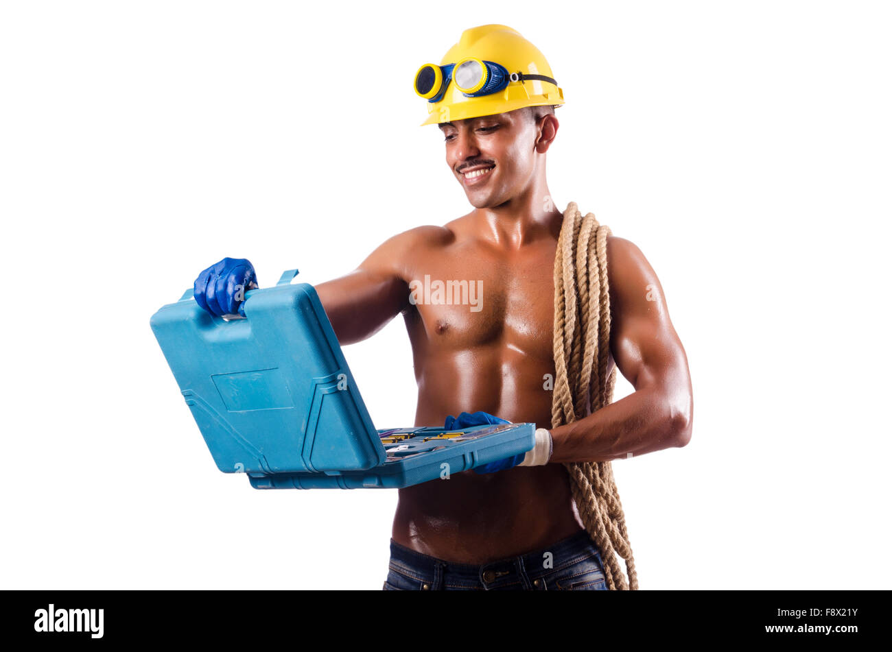 Muscular builder with tools isolated on white Stock Photo - Alamy
