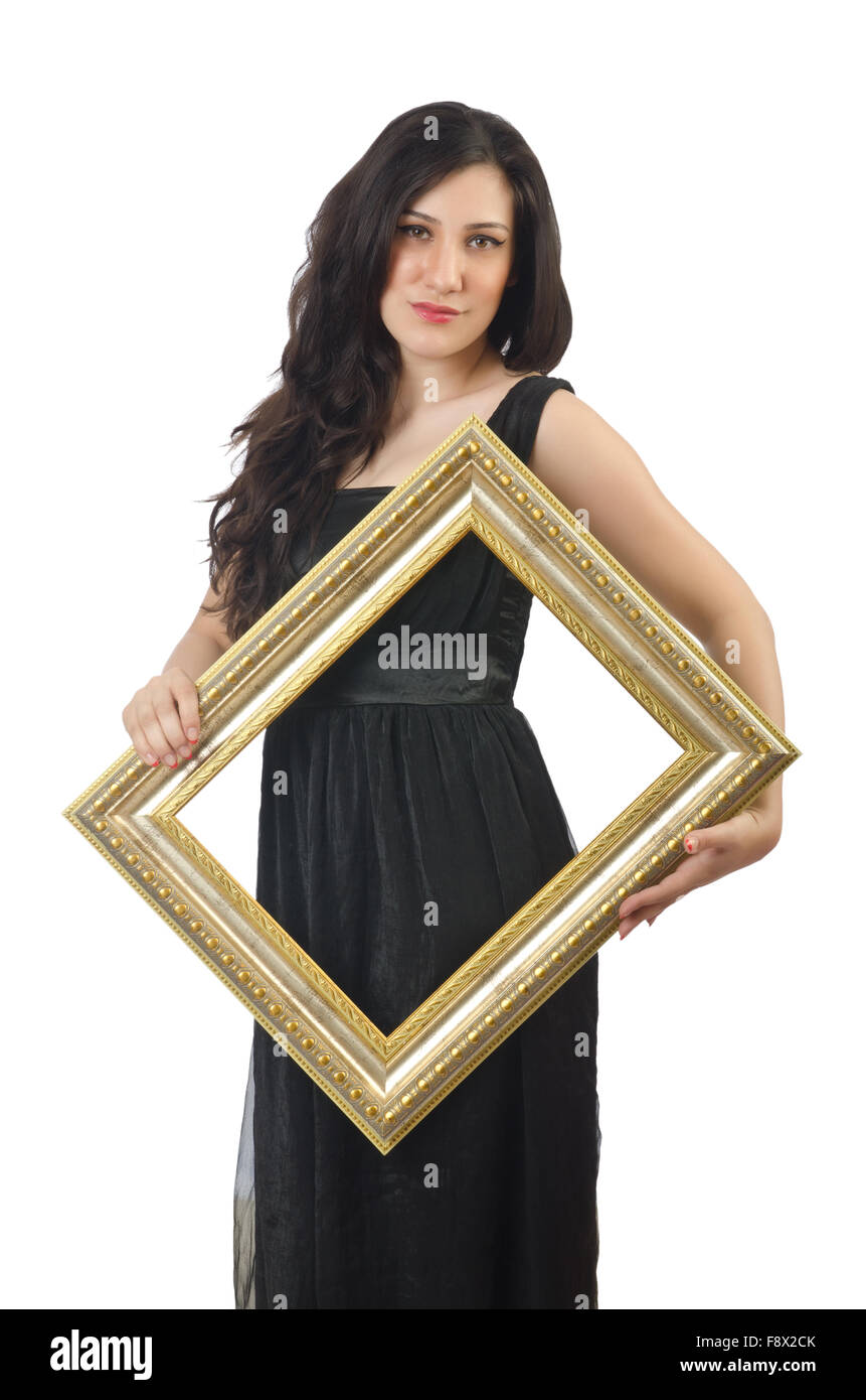 Woman with picture frame on white Stock Photo - Alamy