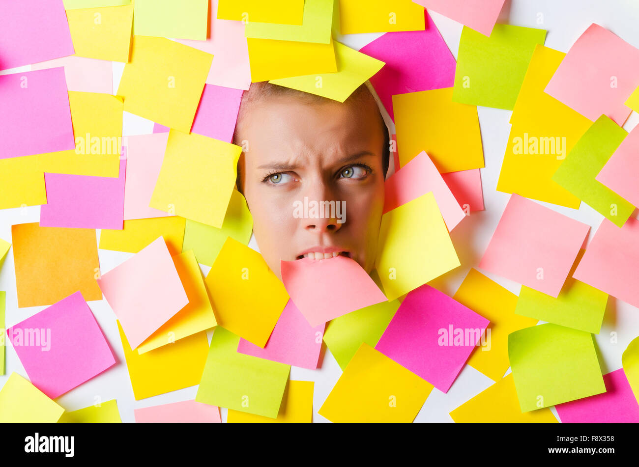 Woman with lots of reminder notes Stock Photo - Alamy