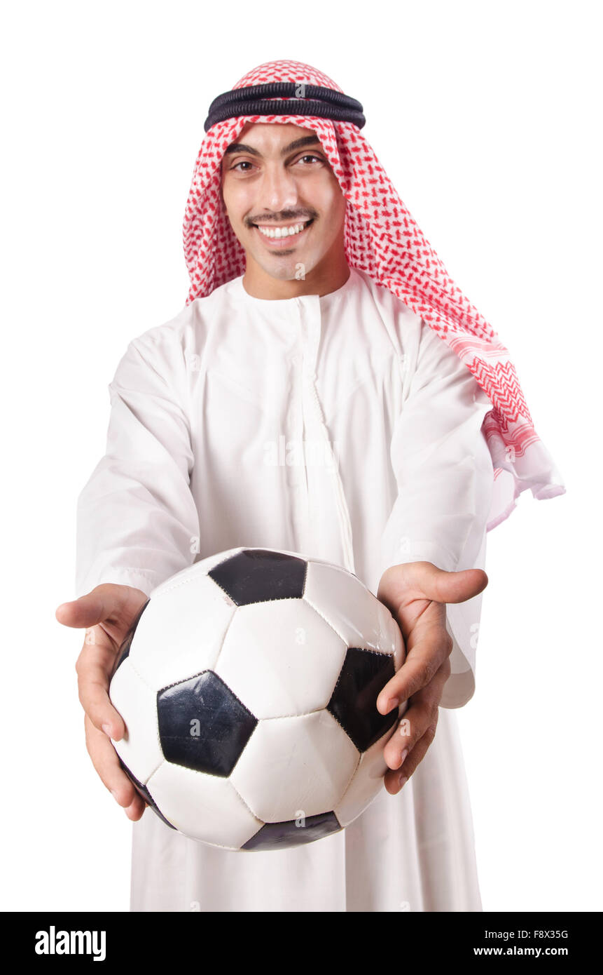 Arab man with football on white Stock Photo - Alamy
