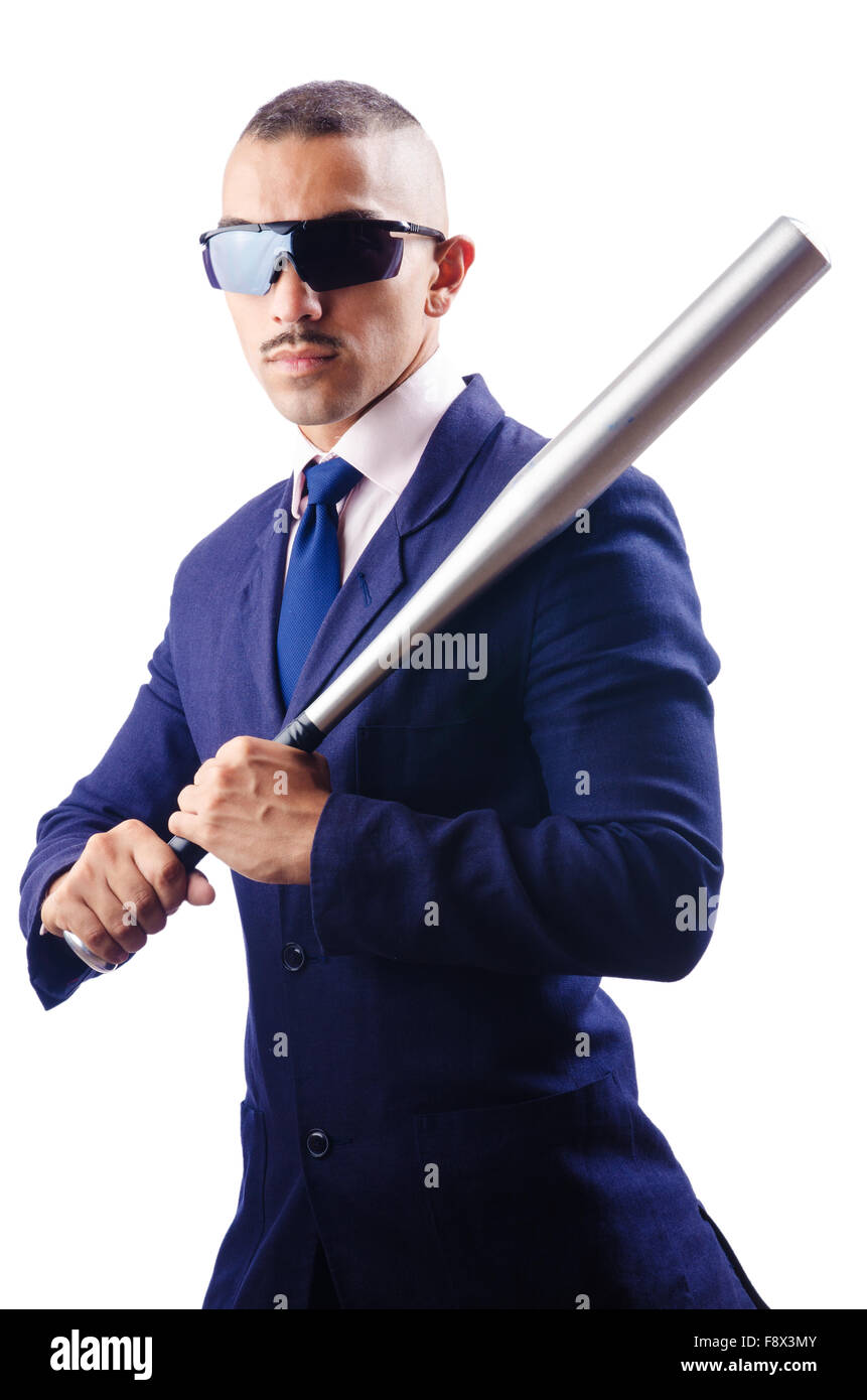 Handsome businessman with bat on white Stock Photo - Alamy