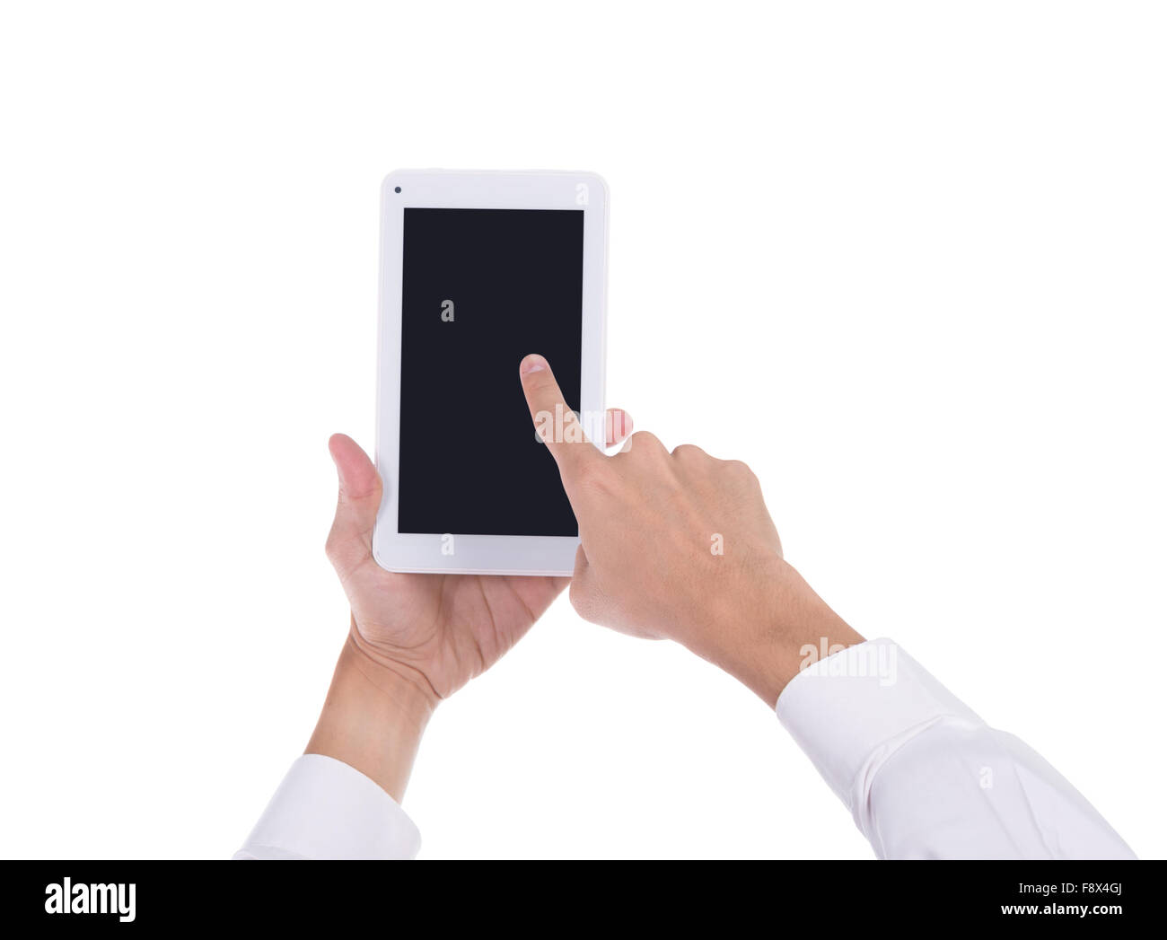 hand with small tablet computer blank screen isolated on white ...