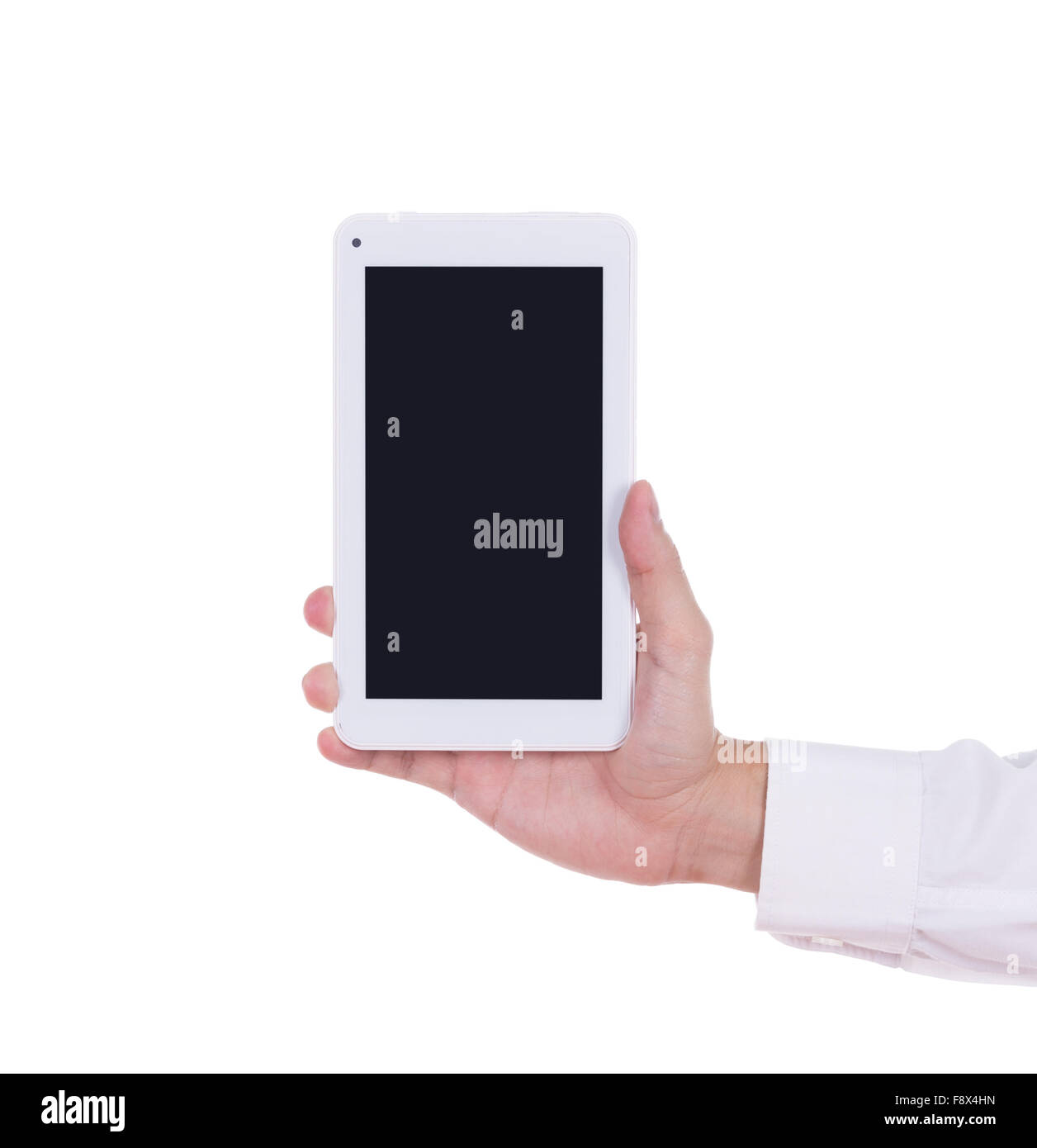 hand with small tablet computer blank screen isolated on white ...
