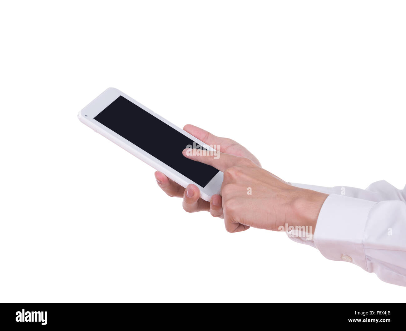hand with small tablet computer blank screen isolated on white ...