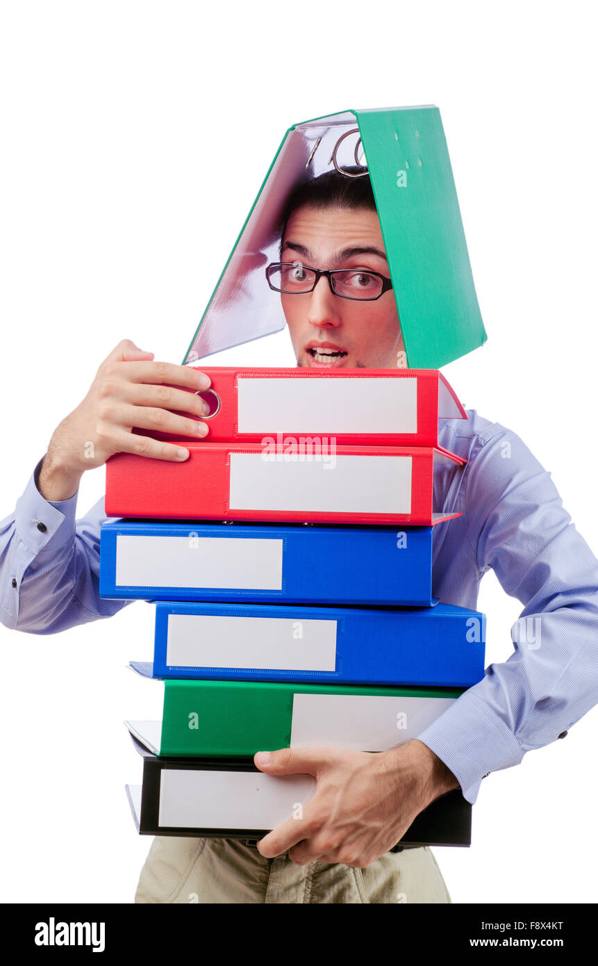 Businessman with lots of folders isolated on white Stock Photo - Alamy