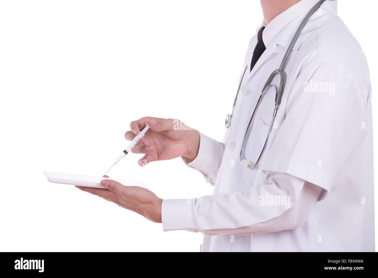 Doctor give injection to small tablet computer isolated on white ...