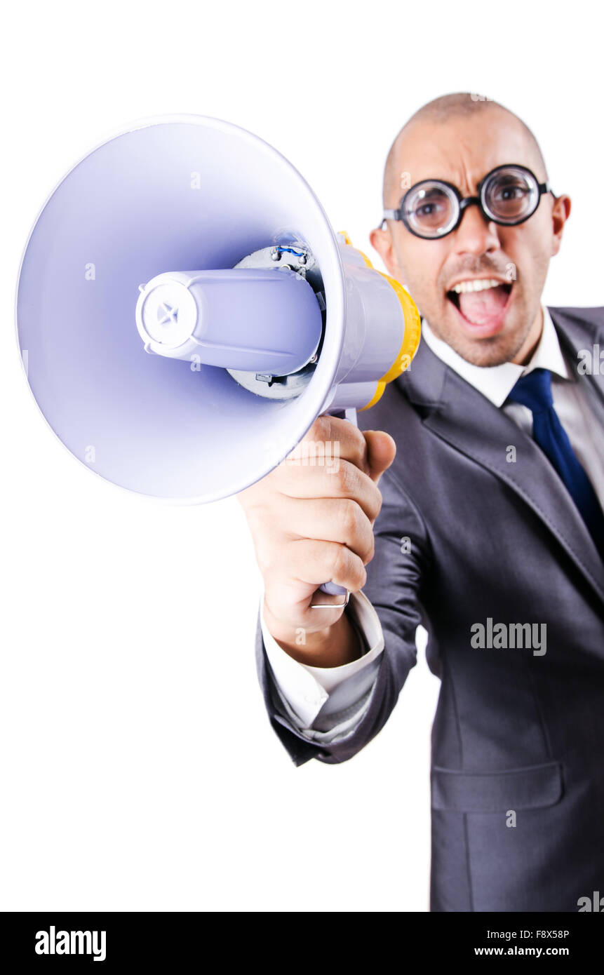 Funny man with loudspeaker on white Stock Photo - Alamy