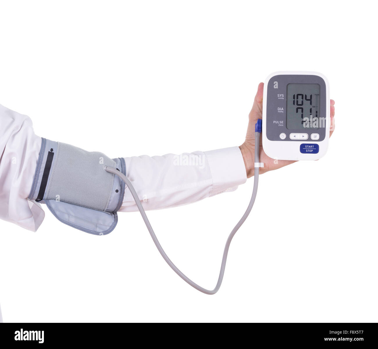 doctor's hand with digital blood pressure monitor isolated on white ...