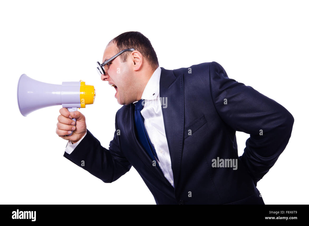 Funny man with loudspeaker on white Stock Photo - Alamy