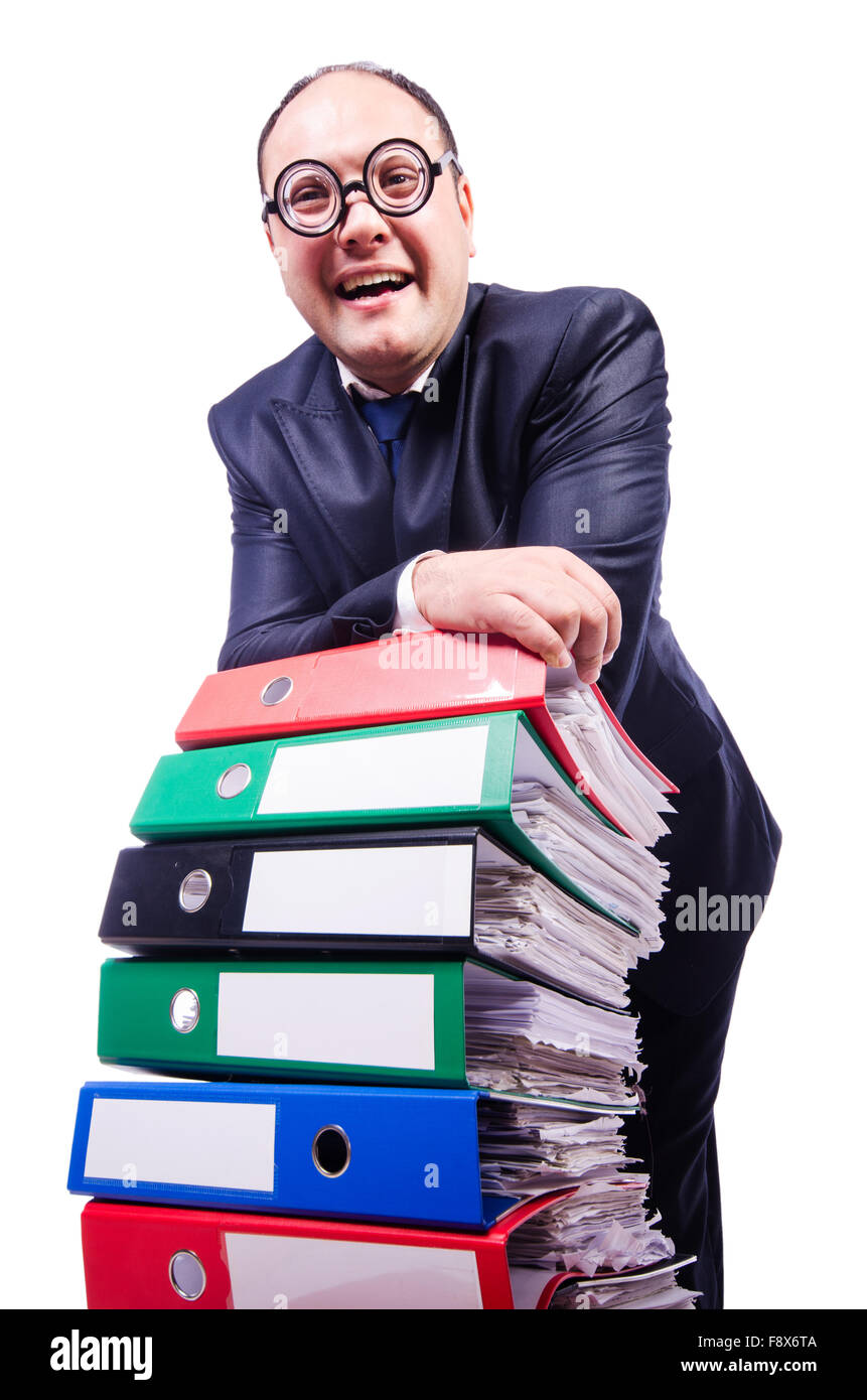 Funny man with lots of folders on white Stock Photo - Alamy