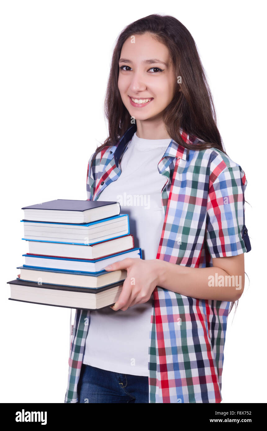Student girl with many books on white Stock Photo - Alamy