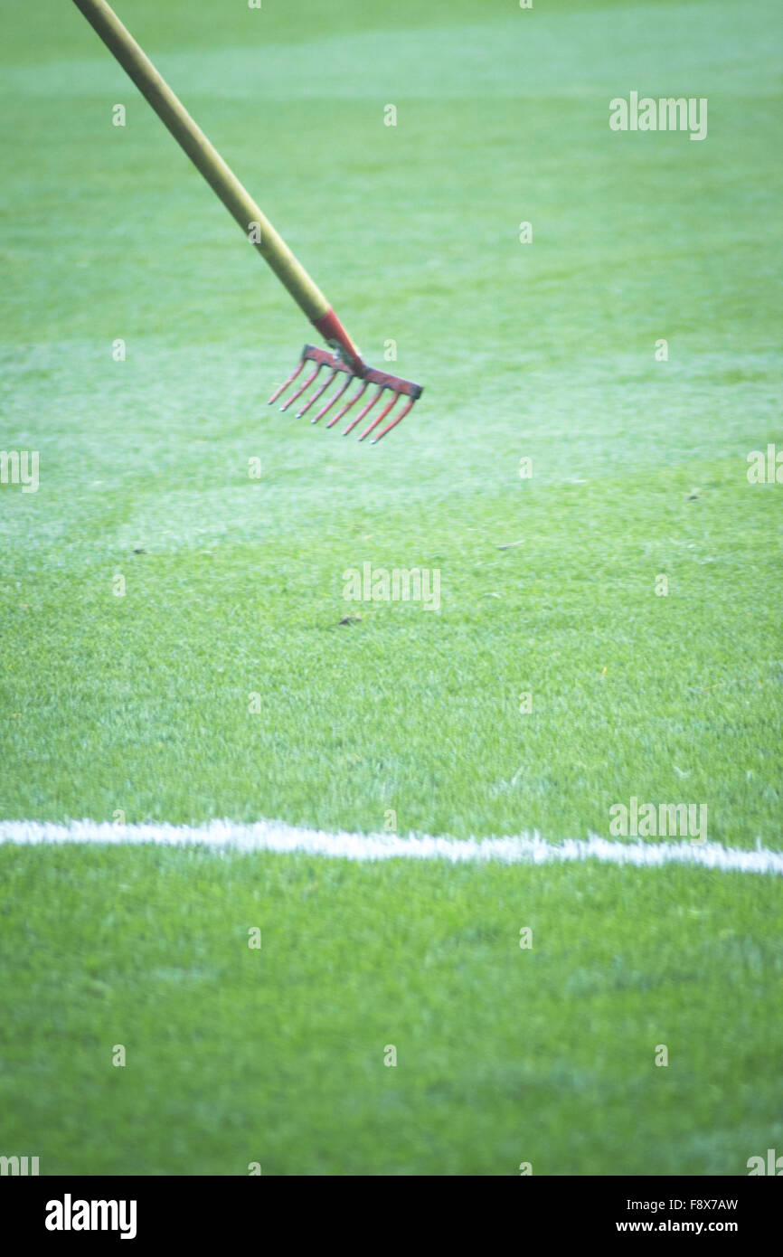 Soccer football pitch white line and grass and rake Stock Photo - Alamy