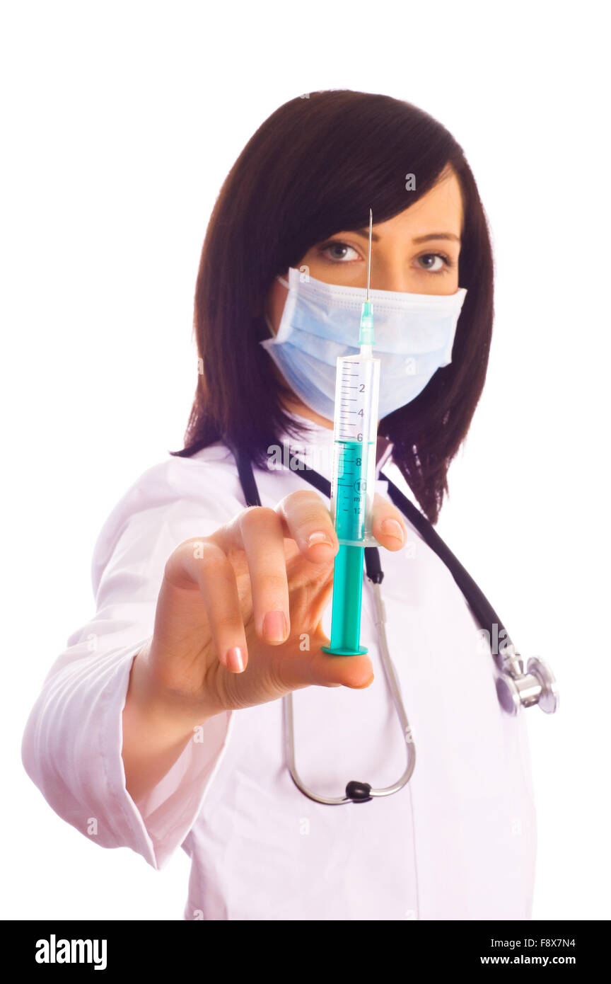 Woman checking syringe isolated on the white Stock Photo - Alamy