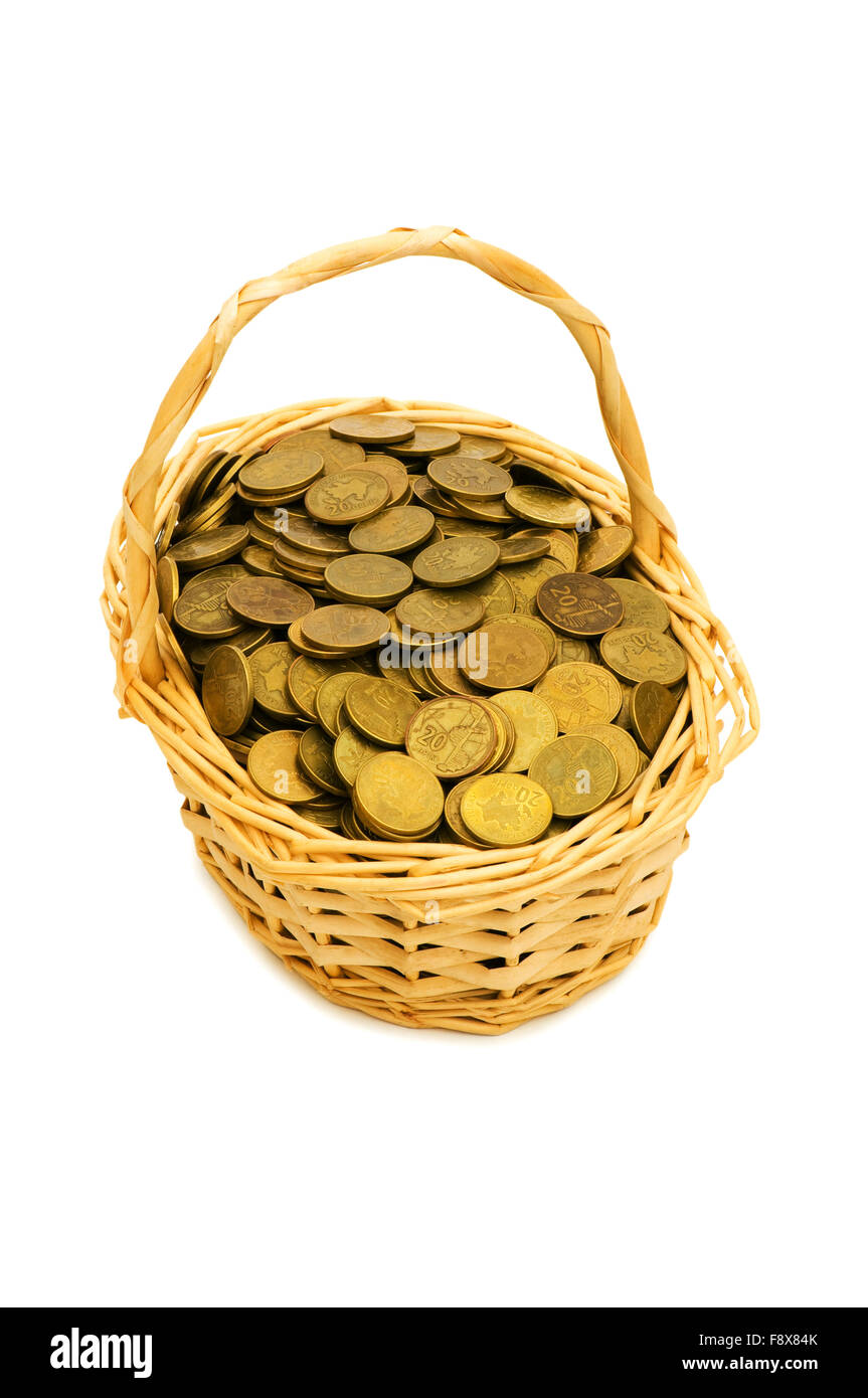 Basket full of coins isolated on white Stock Photo - Alamy