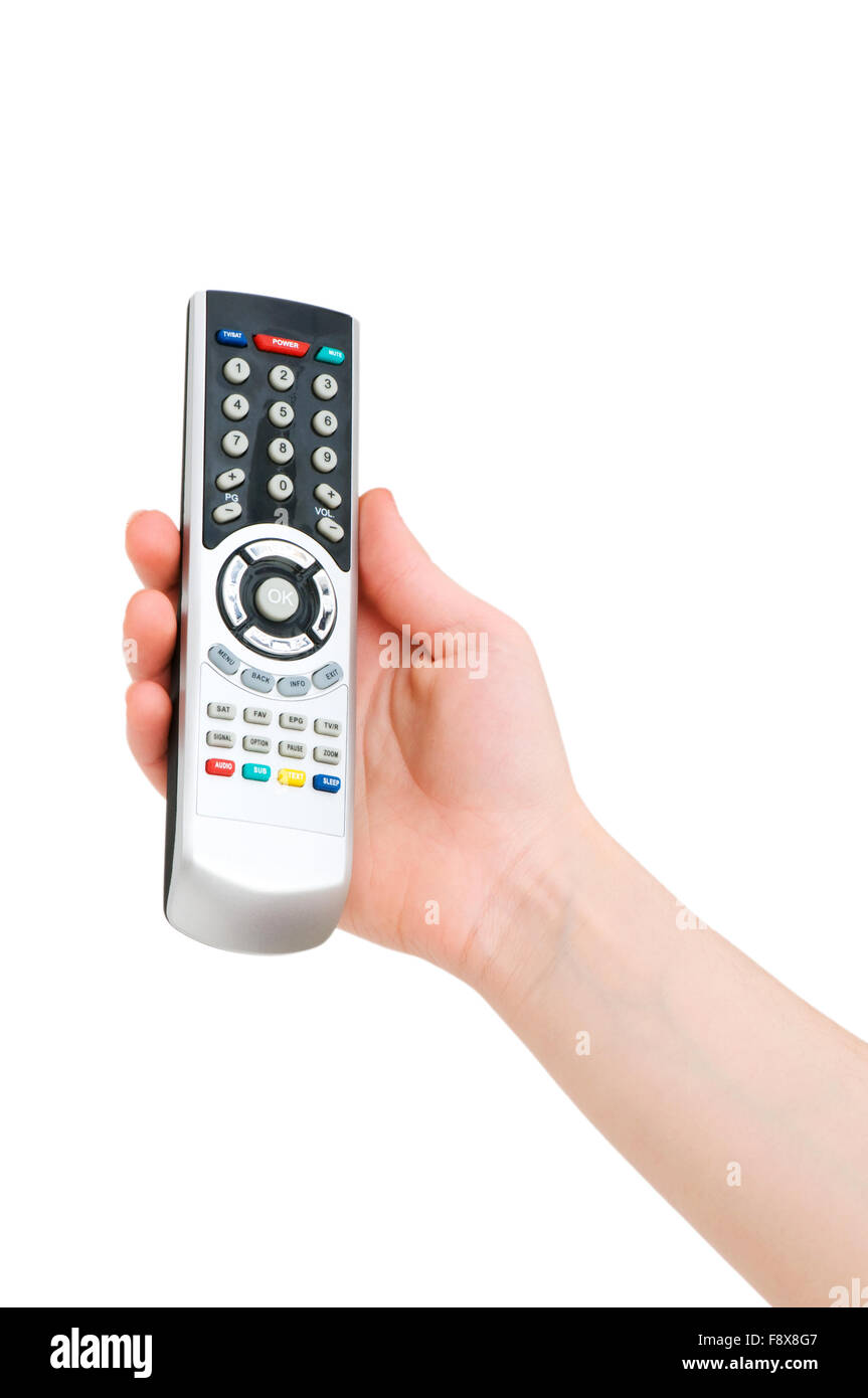 Hand with remote control isolated on white Stock Photo - Alamy