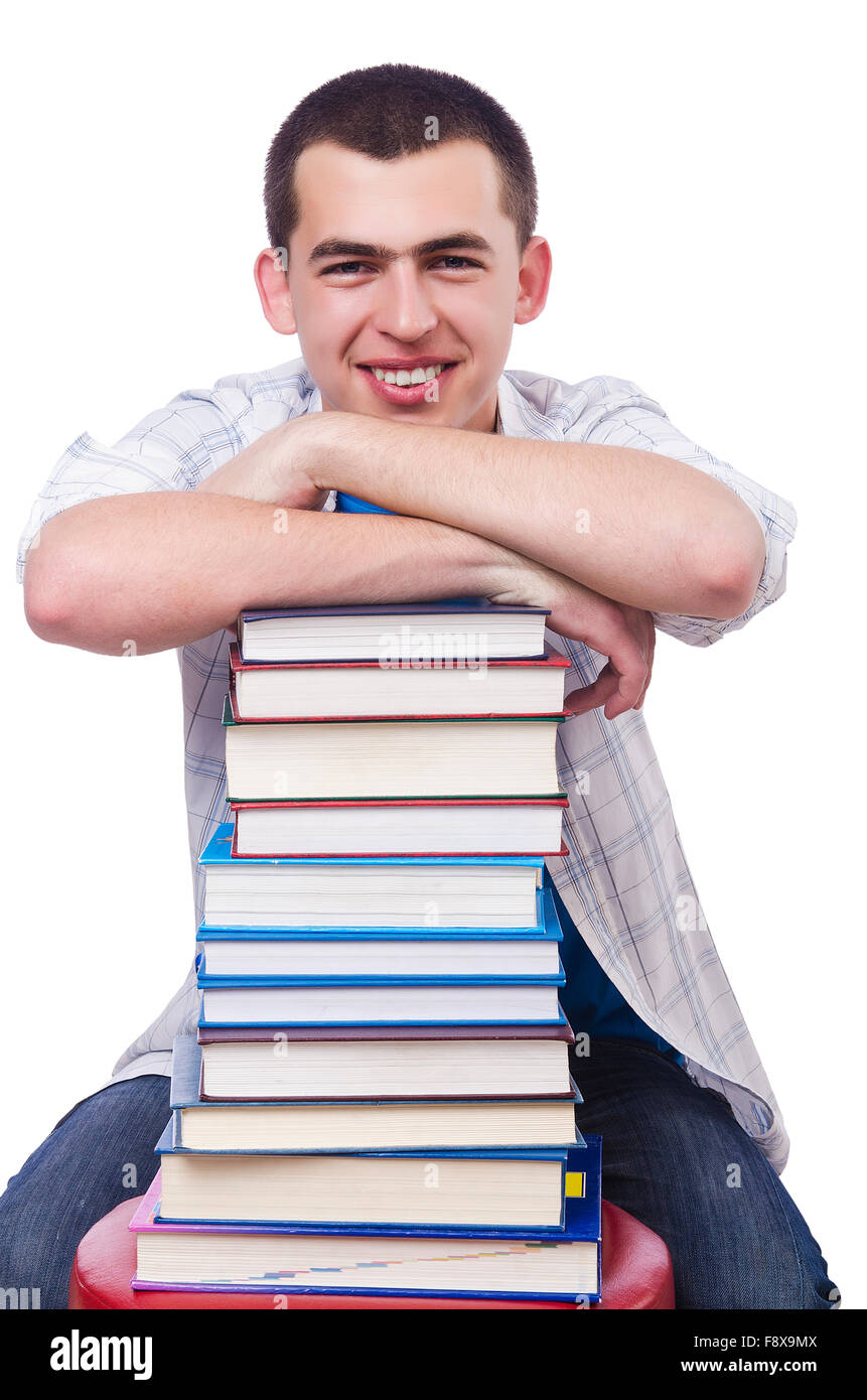 Student with lots of books on white Stock Photo - Alamy